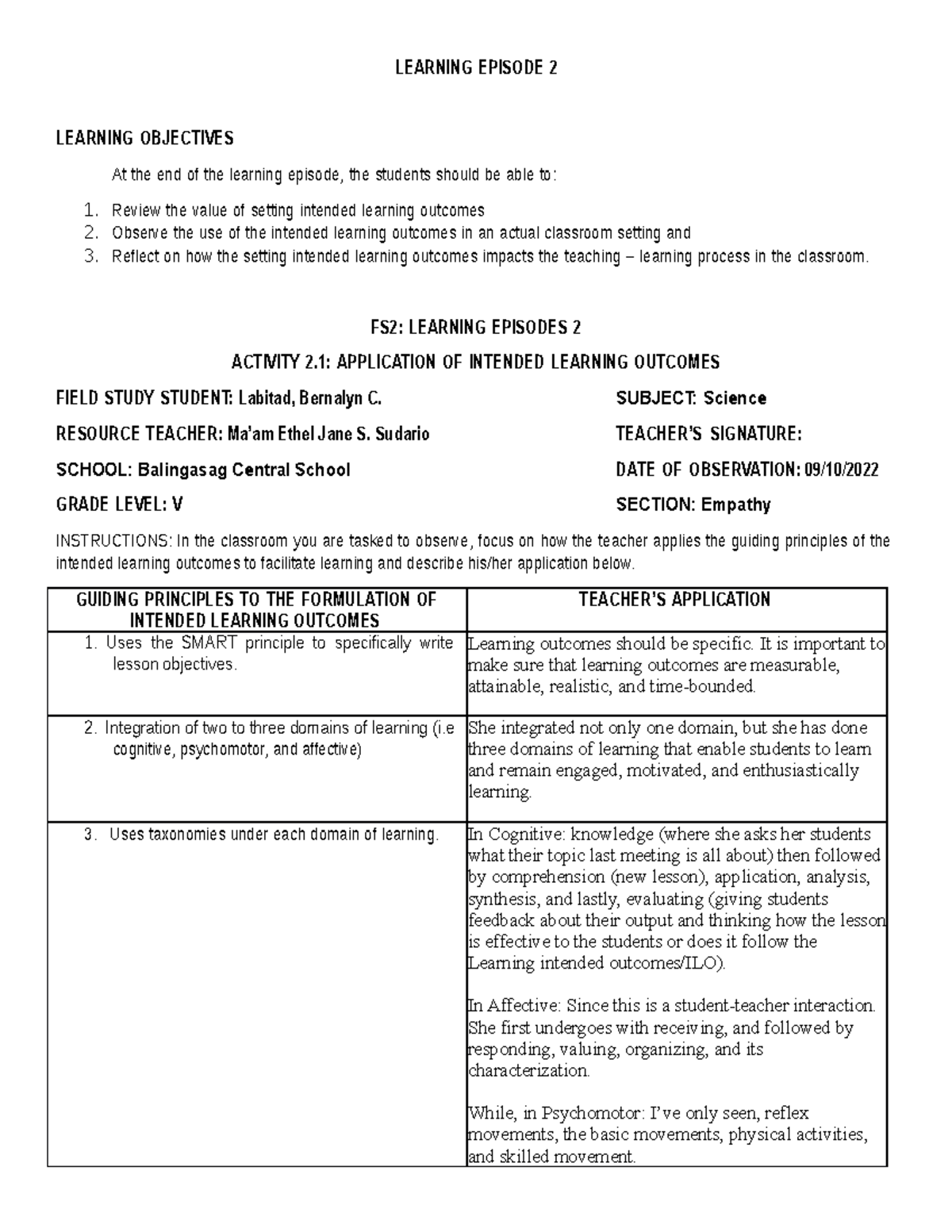 EDU 600 P2 - LE #2 - Field Study 1 - LEARNING EPISODE 2 LEARNING ...
