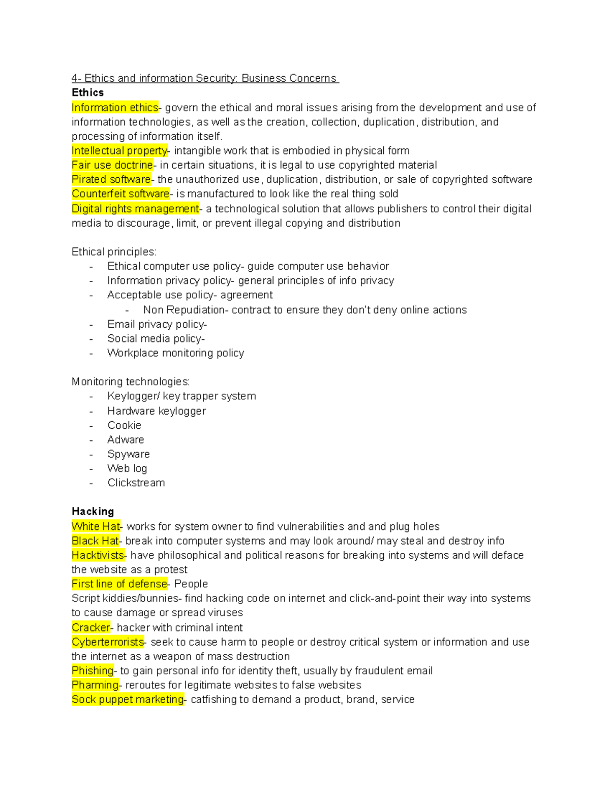 MIS Final Notes - Management Information Systems Lecture - 4- Ethics ...