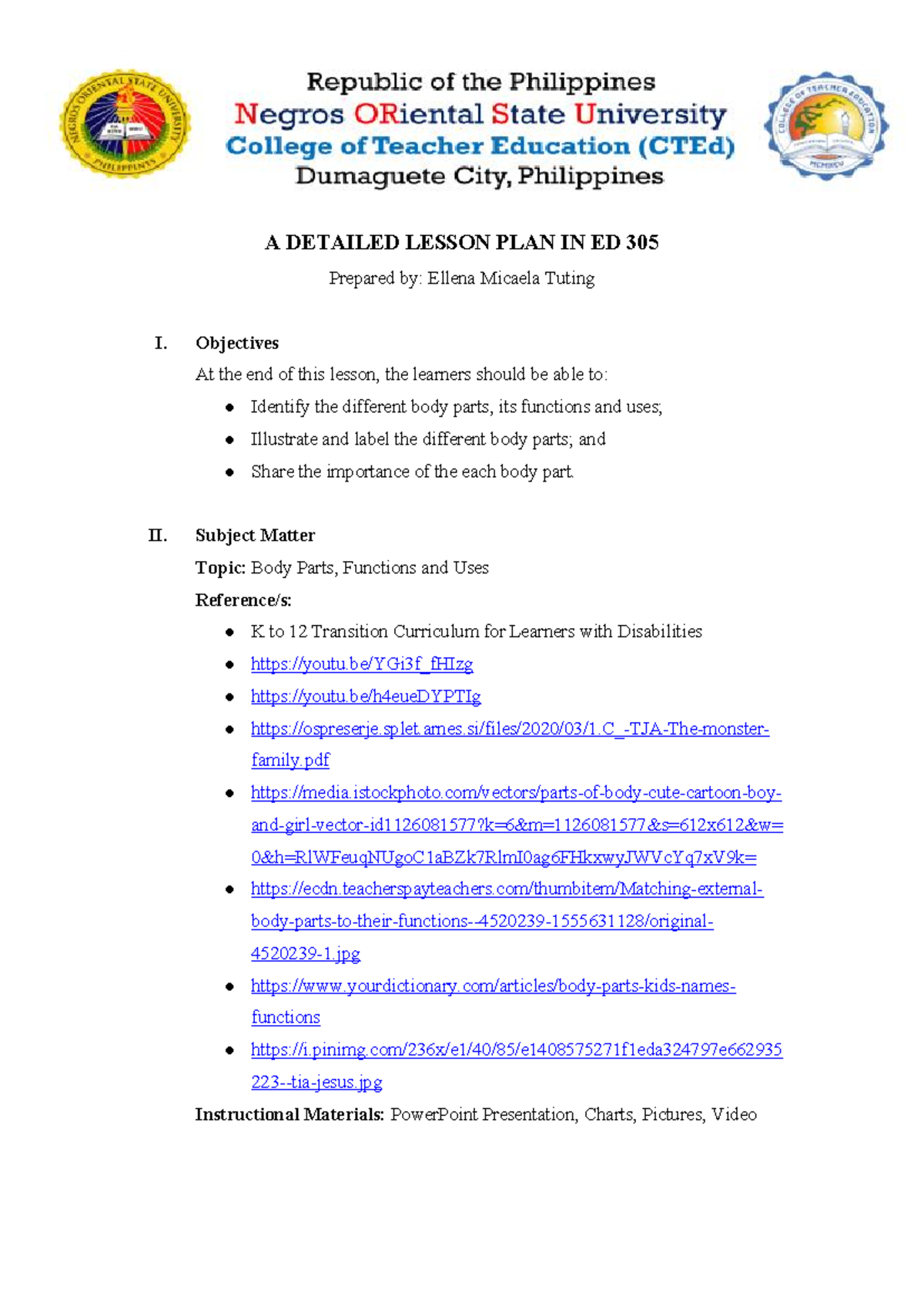 A Detailed Lesson Plan (Body Parts) - A DETAILED LESSON PLAN IN ED 305 ...