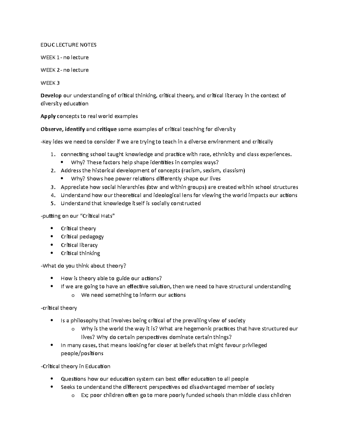 Lecture help notes - EDUC LECTURE NOTES WEEK 1- no lecture WEEK 2- no ...