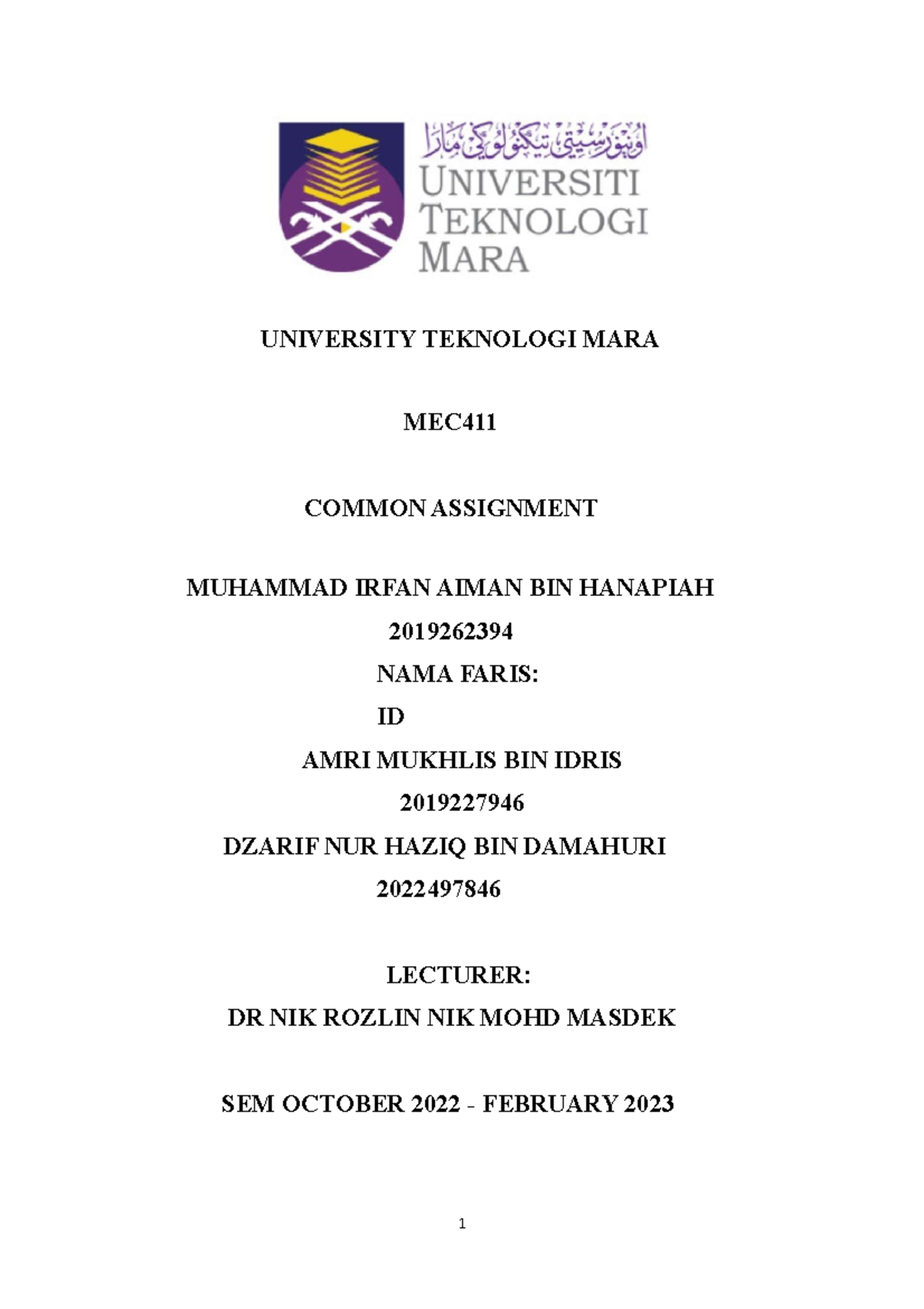 Common Assignment latest 1 - UNIVERSITY TEKNOLOGI MARA MEC COMMON ...
