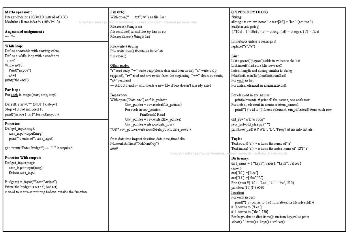 Programming sheet - += *= Augmented assignment : Modulus / Remainder % (10%3=1) Integer division ...