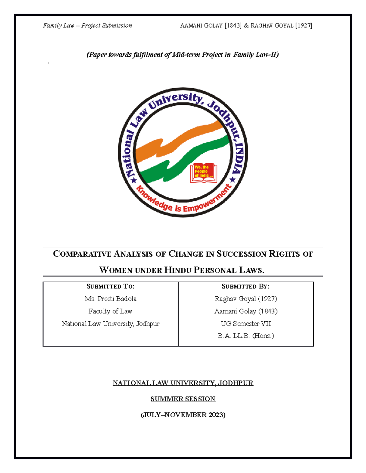 Family Law II Project - (Paper towards fulfilment of Mid-term Project ...