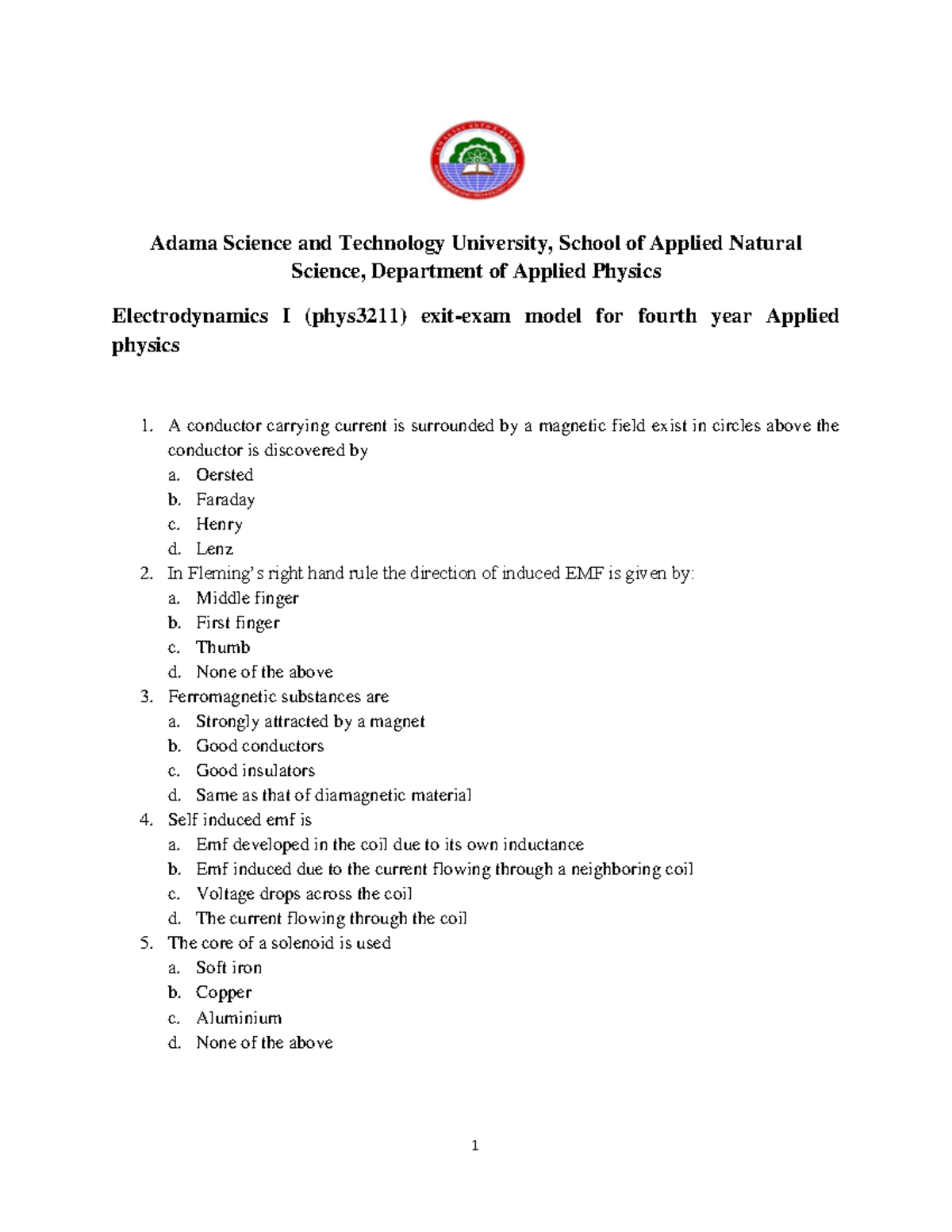 Electrodynamics exit-exam-1 - Adama Science and Technology University ...