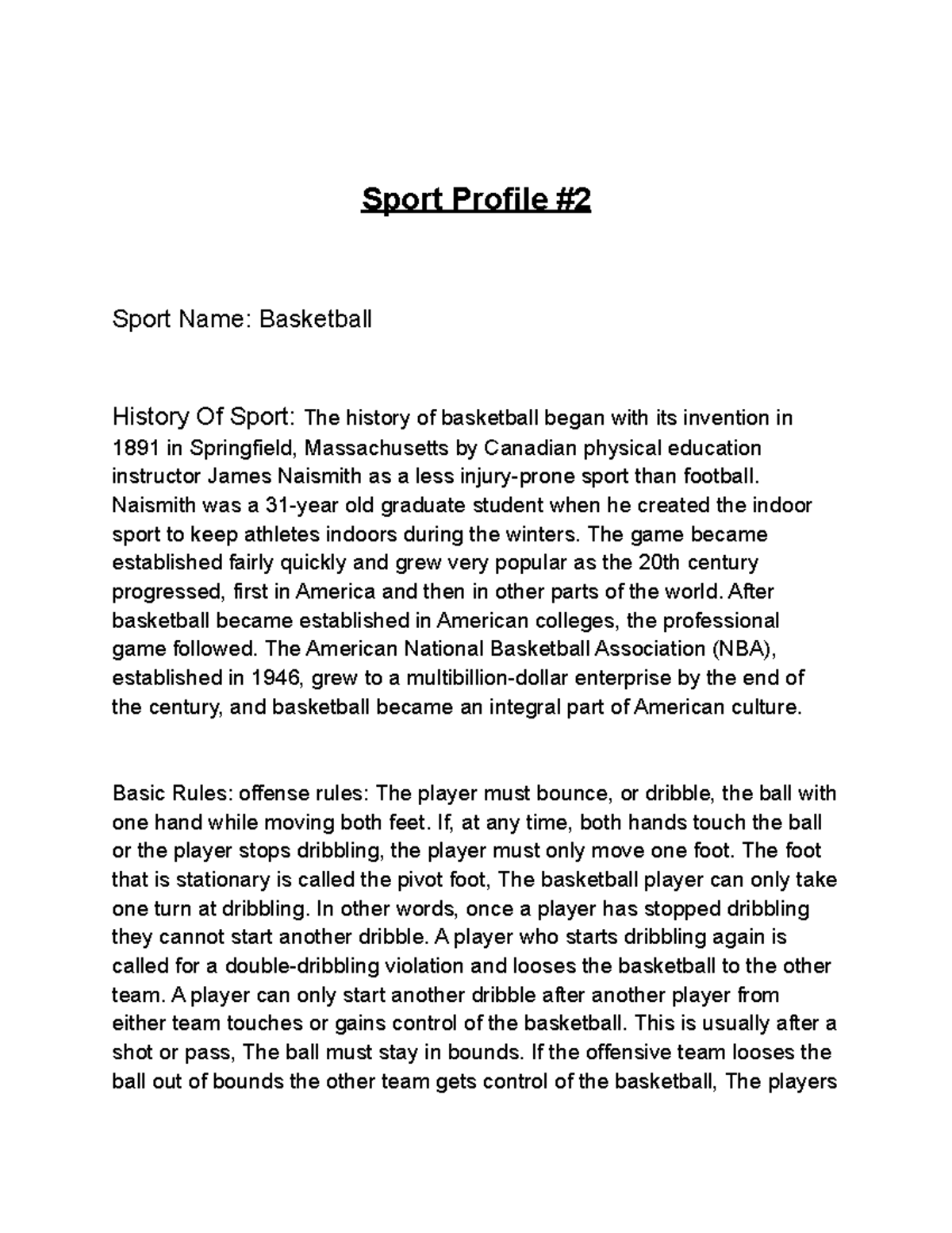 - Sport Profile #2-2 - Sport Profile Sport Name: Basketball History Of ...