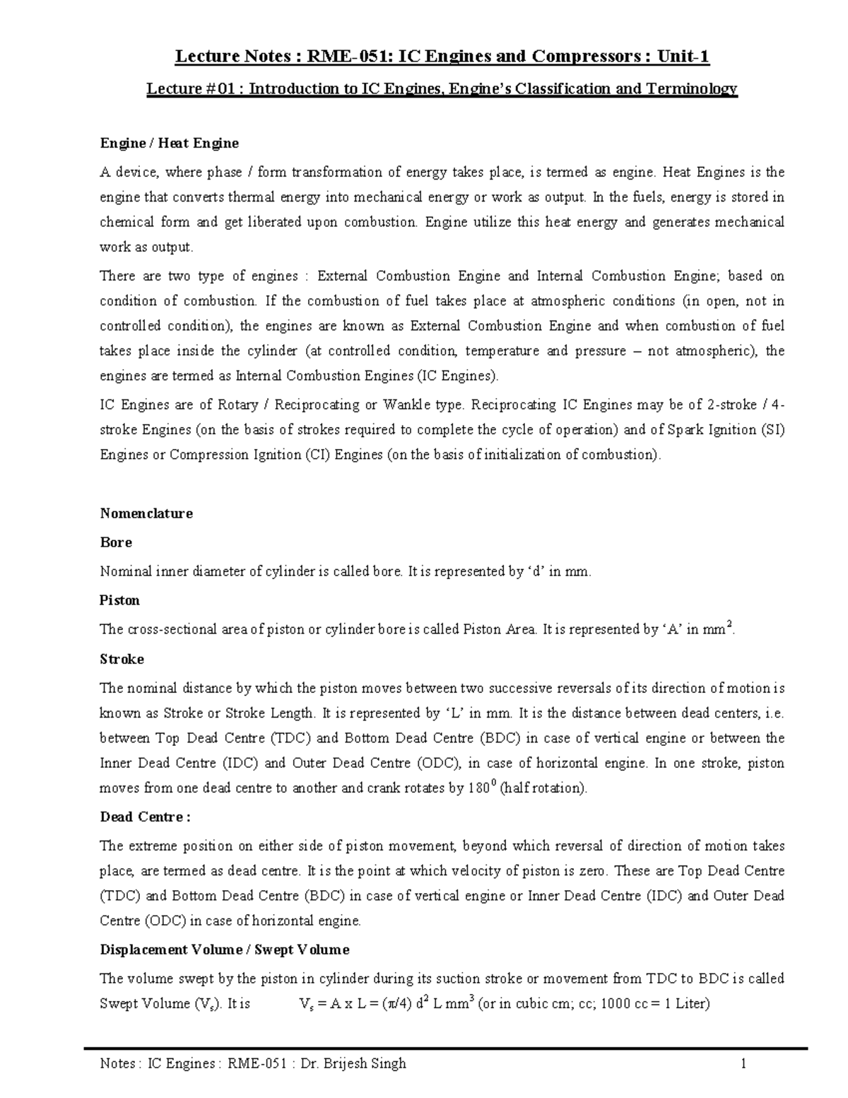 E Content IC Engine U1 2019 BS - Lecture Notes : RME-051: IC Engines ...