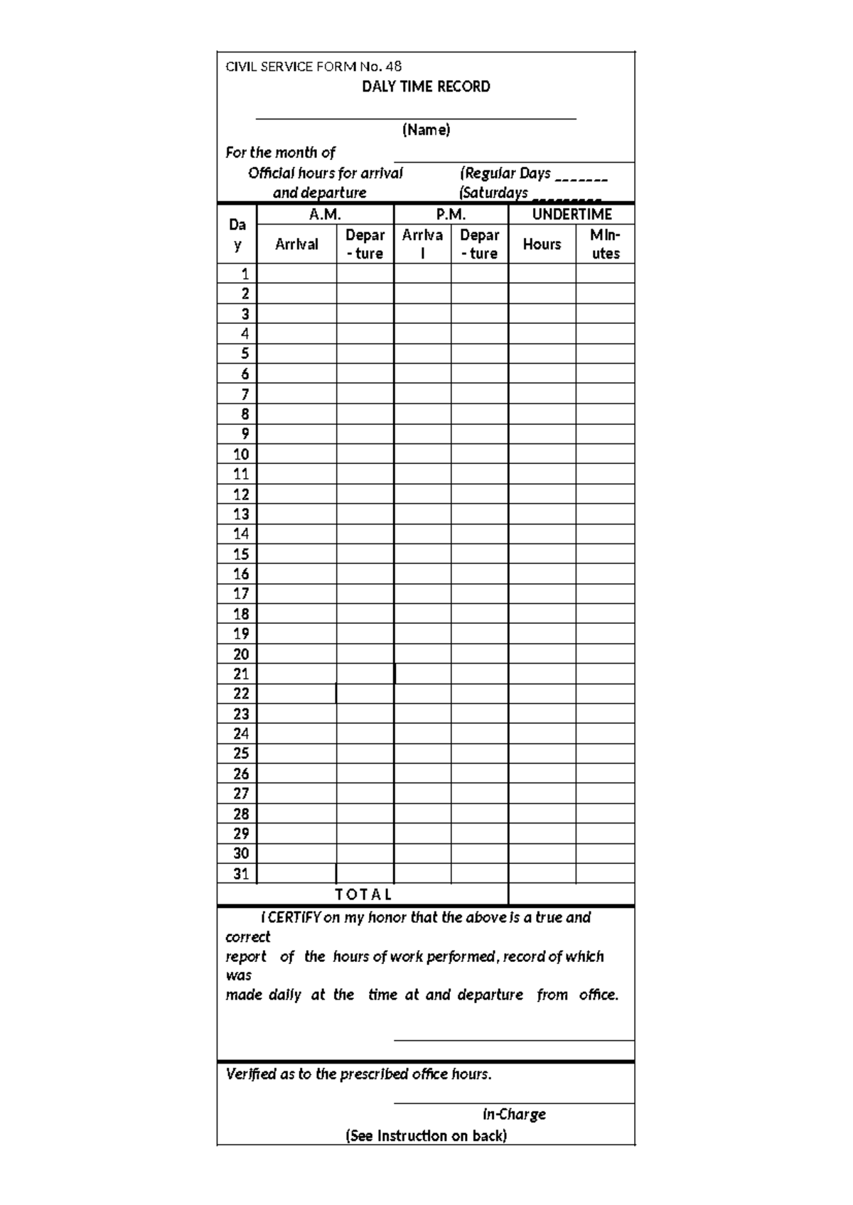 Civil Service FORM No - CSF form - CIVIL SERVICE FORM No. 48 DALY TIME ...