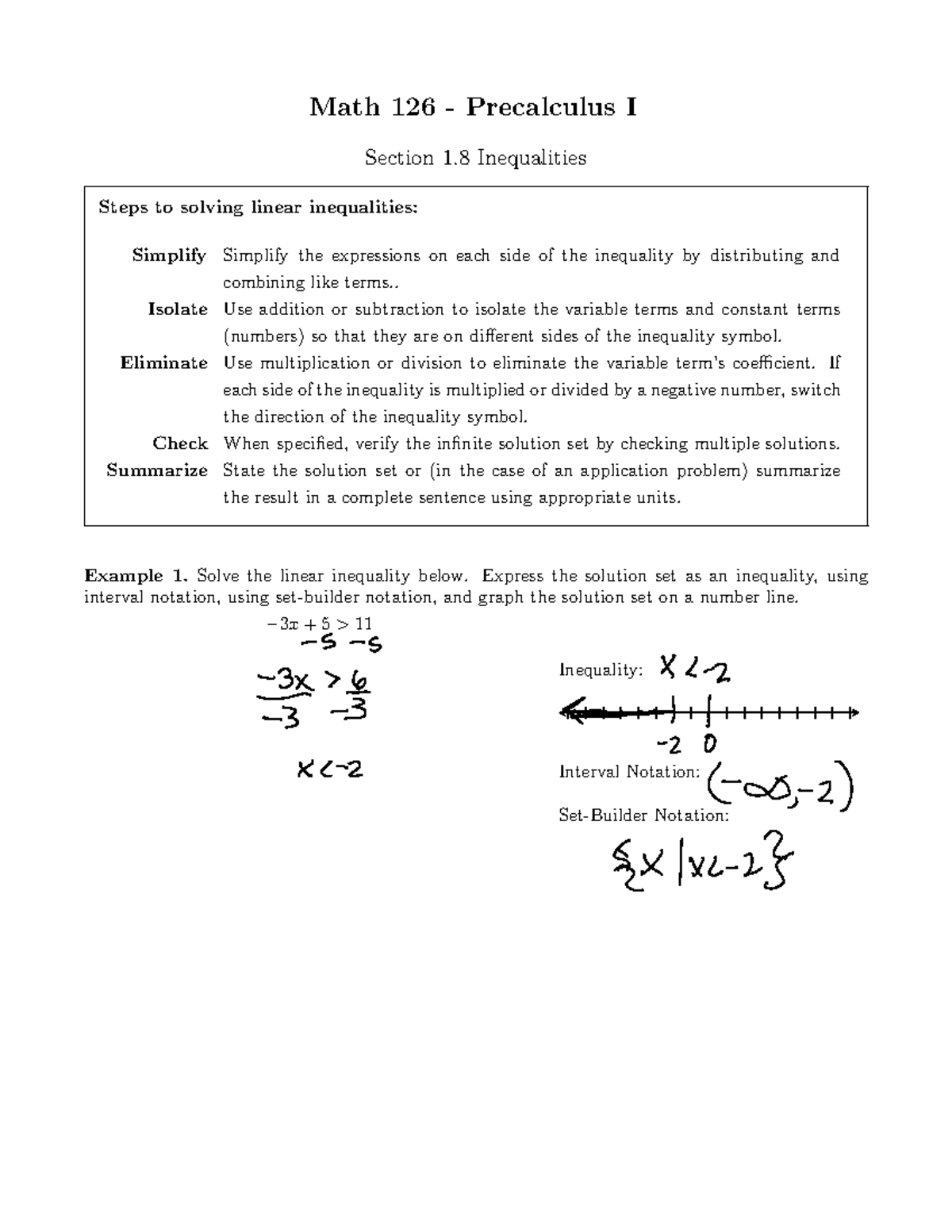 Week 3 Notes - Math 126 - Precalculus I Section 1 Inequalities Steps to ...