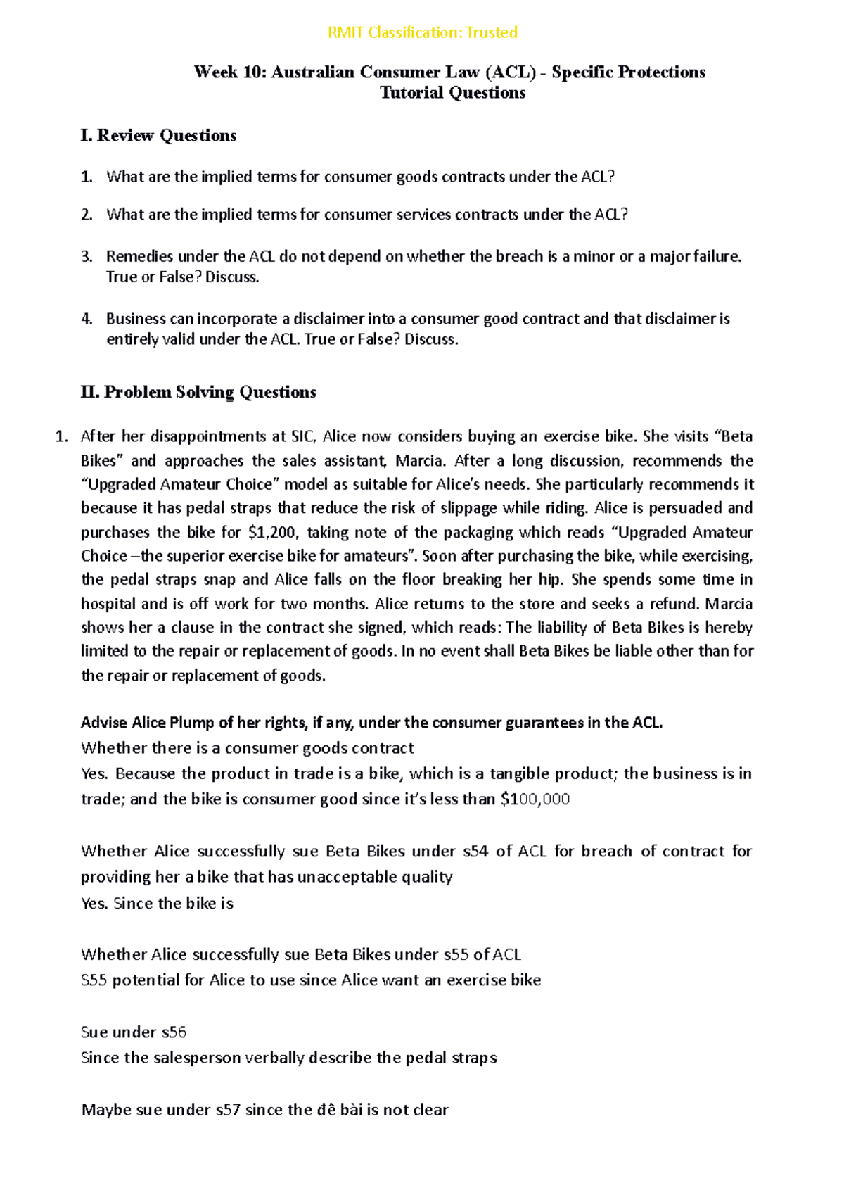 Week 10 Tutorial Questions - Week 10: Australian Consumer Law (ACL) - Specific Protections ...