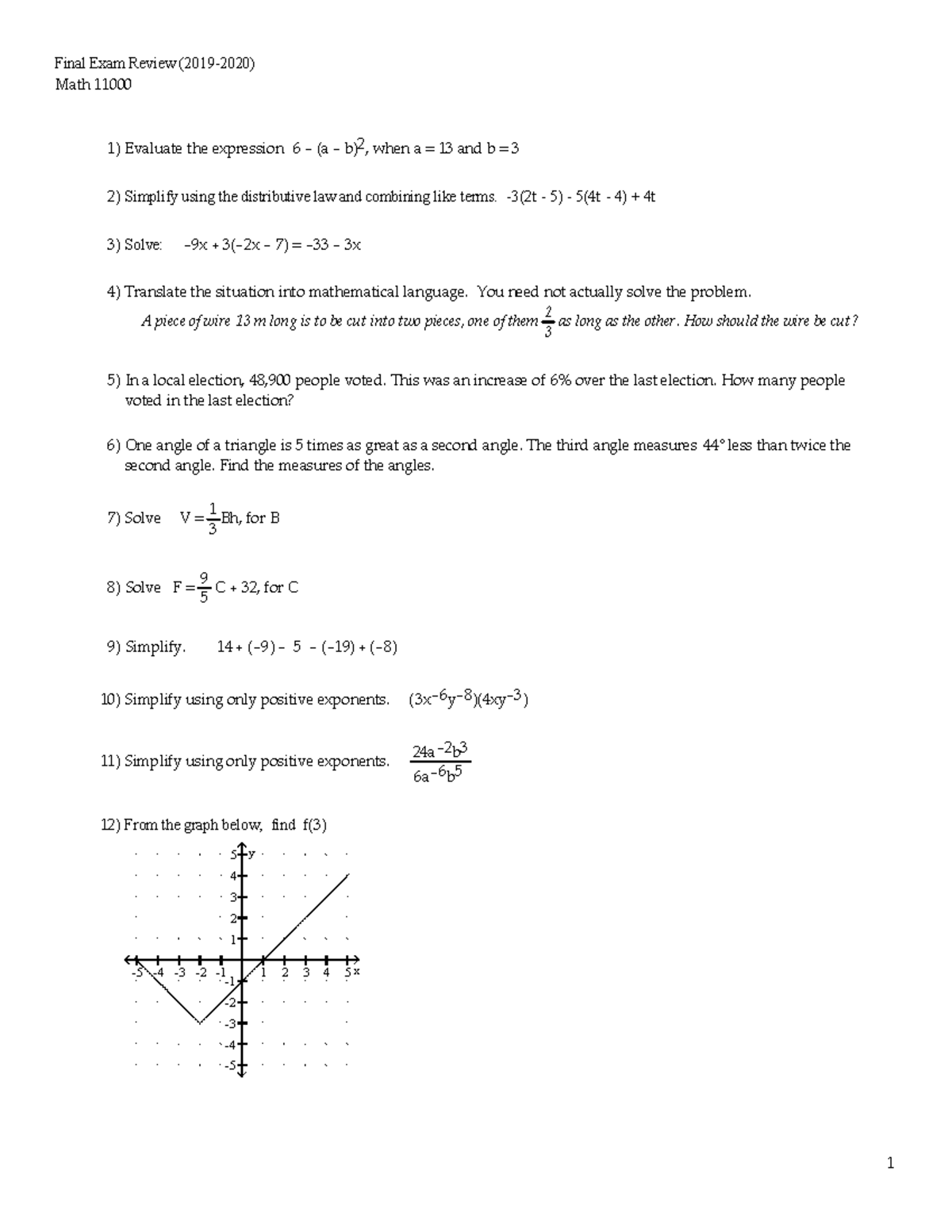 MATH 11000 - Final Exam Review - Final Exam Review (2019-2020) Math ...