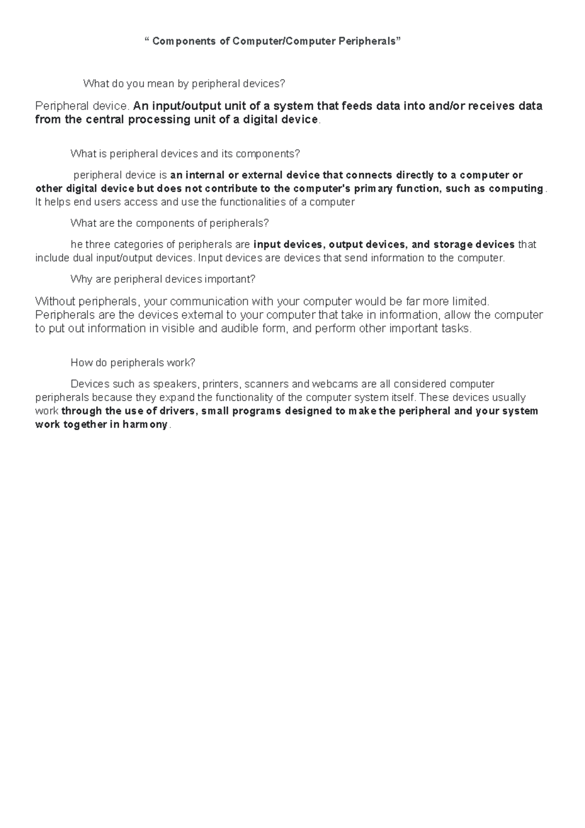 Components of Computer - “ Components of Computer/Computer Peripherals” What do you mean by ...