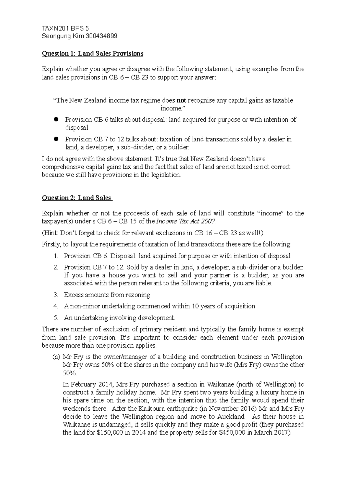 Bullet Point summary 5 - TAXN201 BPS 5 Seongung Kim 300434899 Question ...
