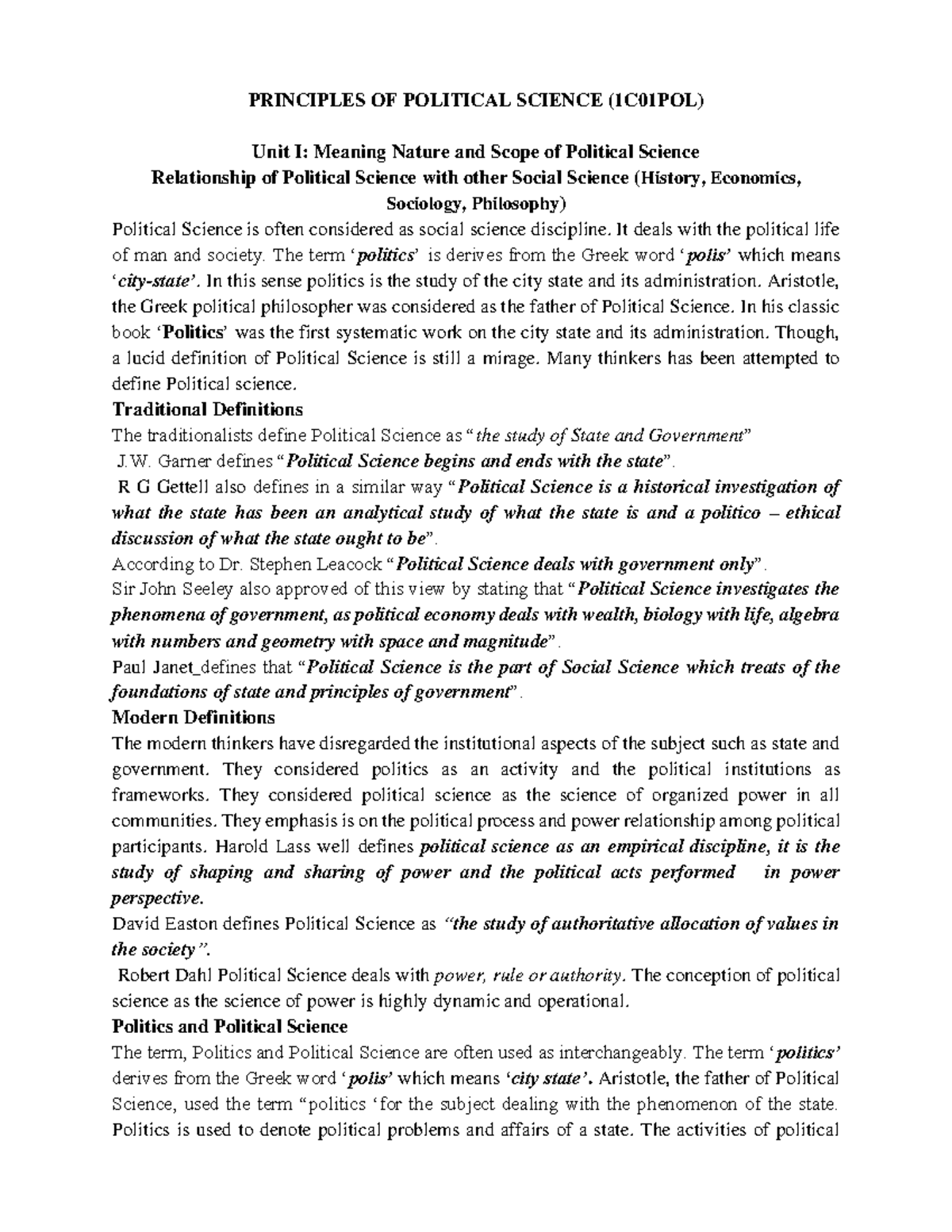 Political Scienece I and III sem notes - PRINCIPLES OF POLITICAL ...
