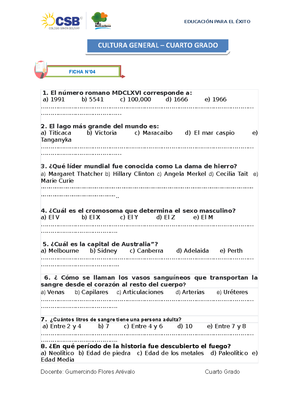 Ficha 4 Cultura General 4 I BIM - EDUCACIÓN PARA EL ÉXITO El número ...
