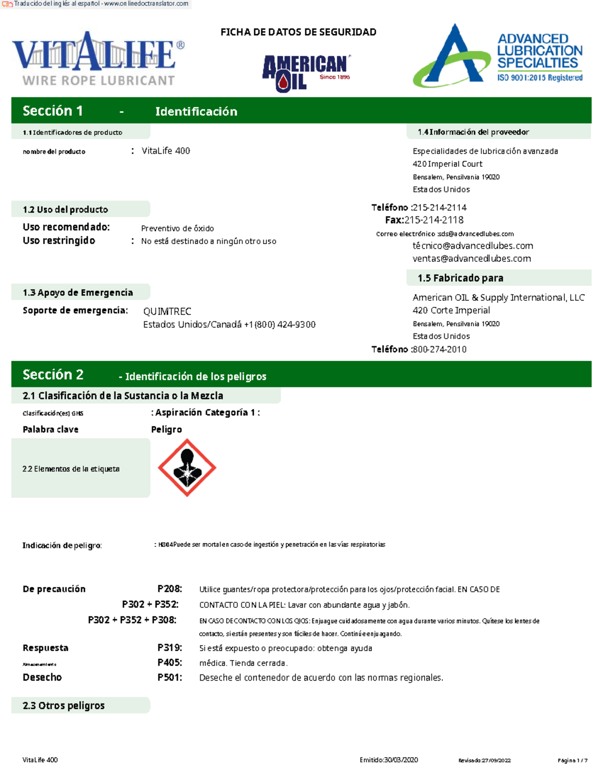 Vita Life-400-SDS Liquid 9-29-22 - 1 FICHA DE DATOS DE SEGURIDAD ...