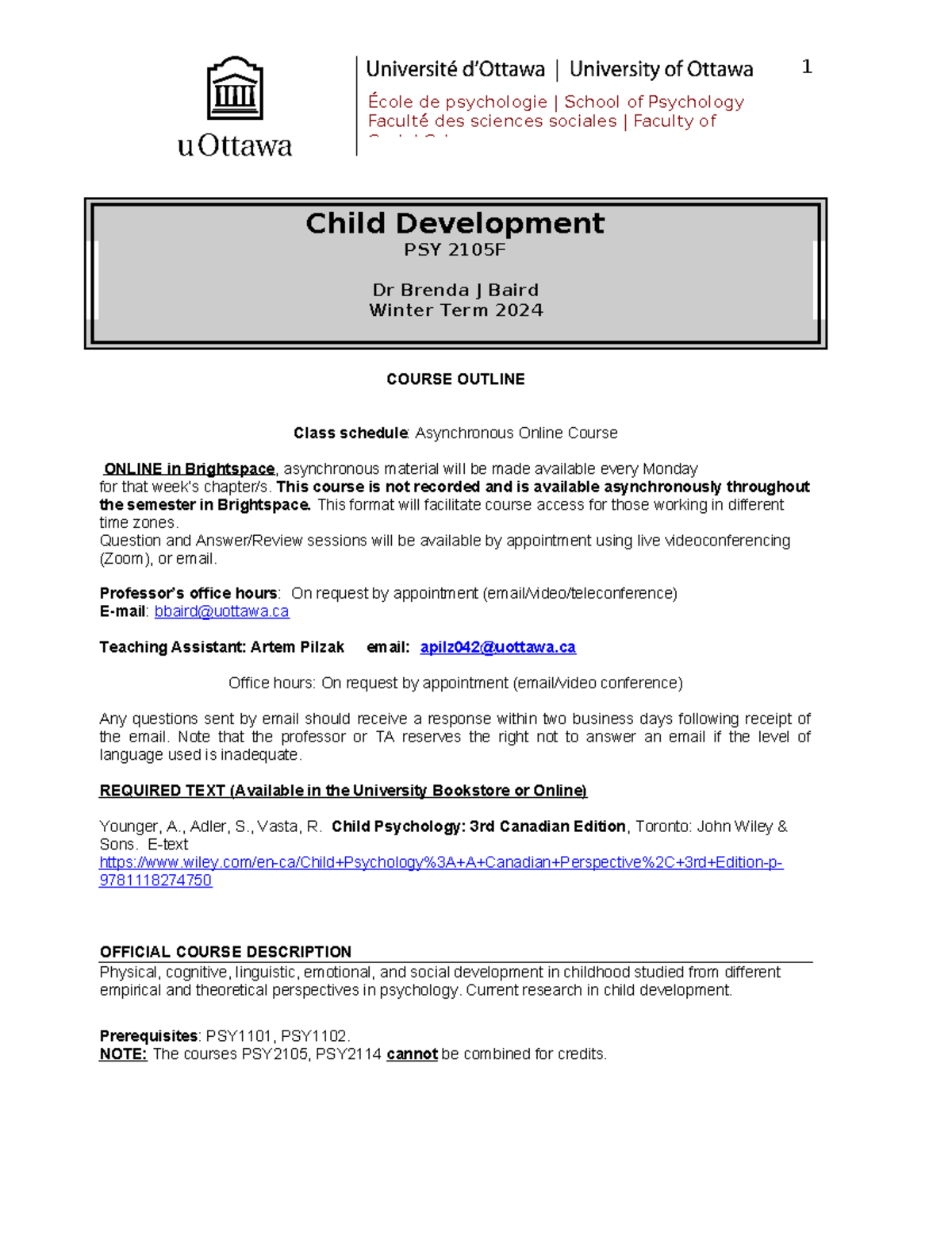 Syllabus 2105F Online Winter 20242 - Child Development PSY 2105F Dr ...