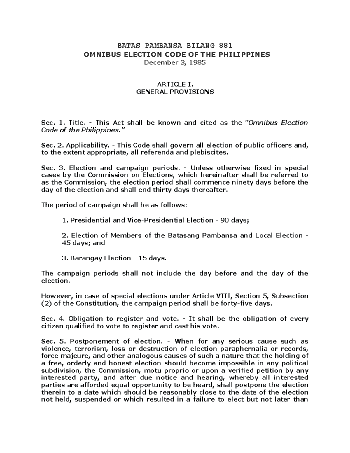 Batas Pambansa Bilang 881 - BATAS PAMBANSA BILANG 881 OMNIBUS ELECTION ...