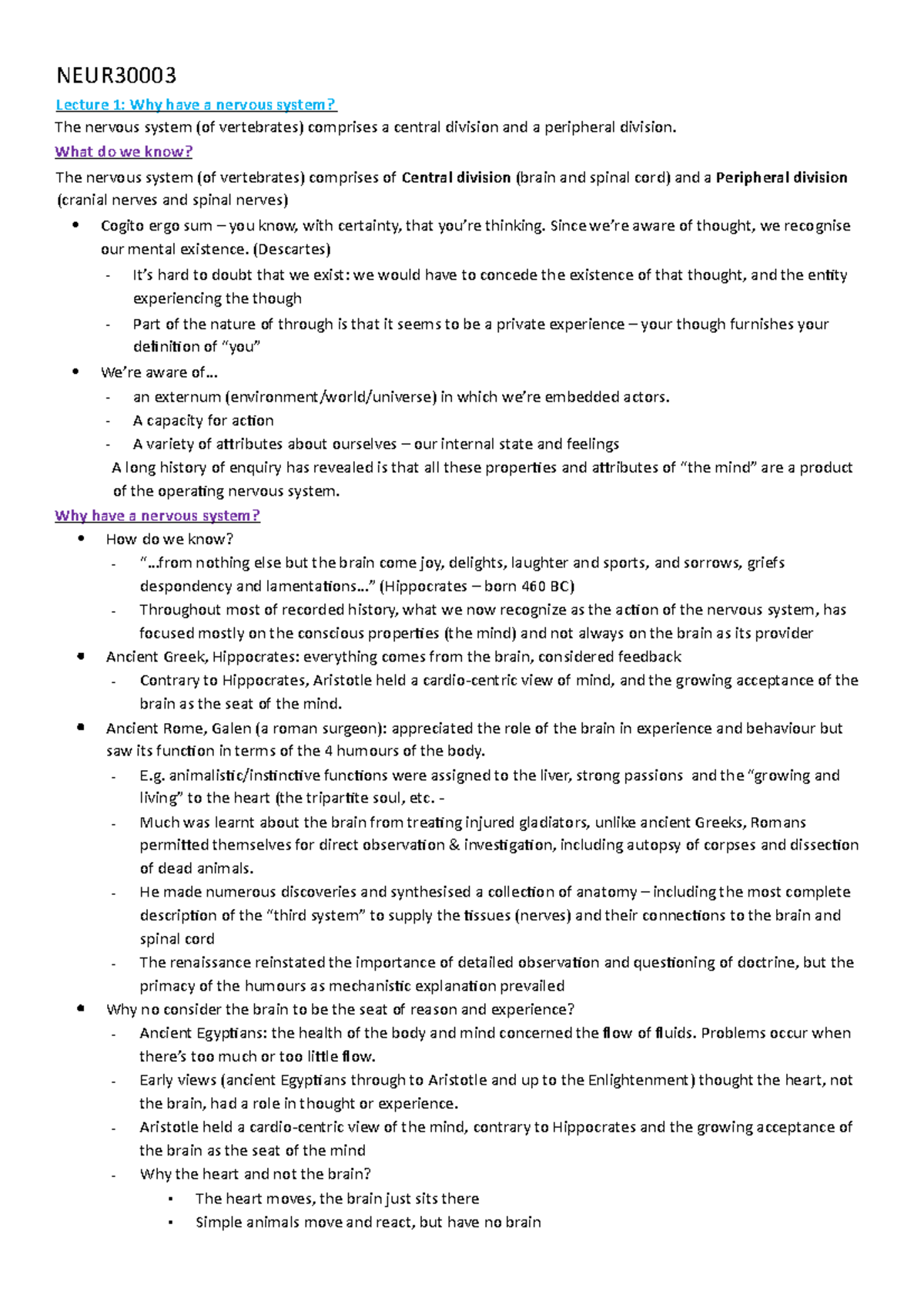 Neur30003 Lecture Notes All Neur Lecture 1 Why Have A Nervous System The Nervous System
