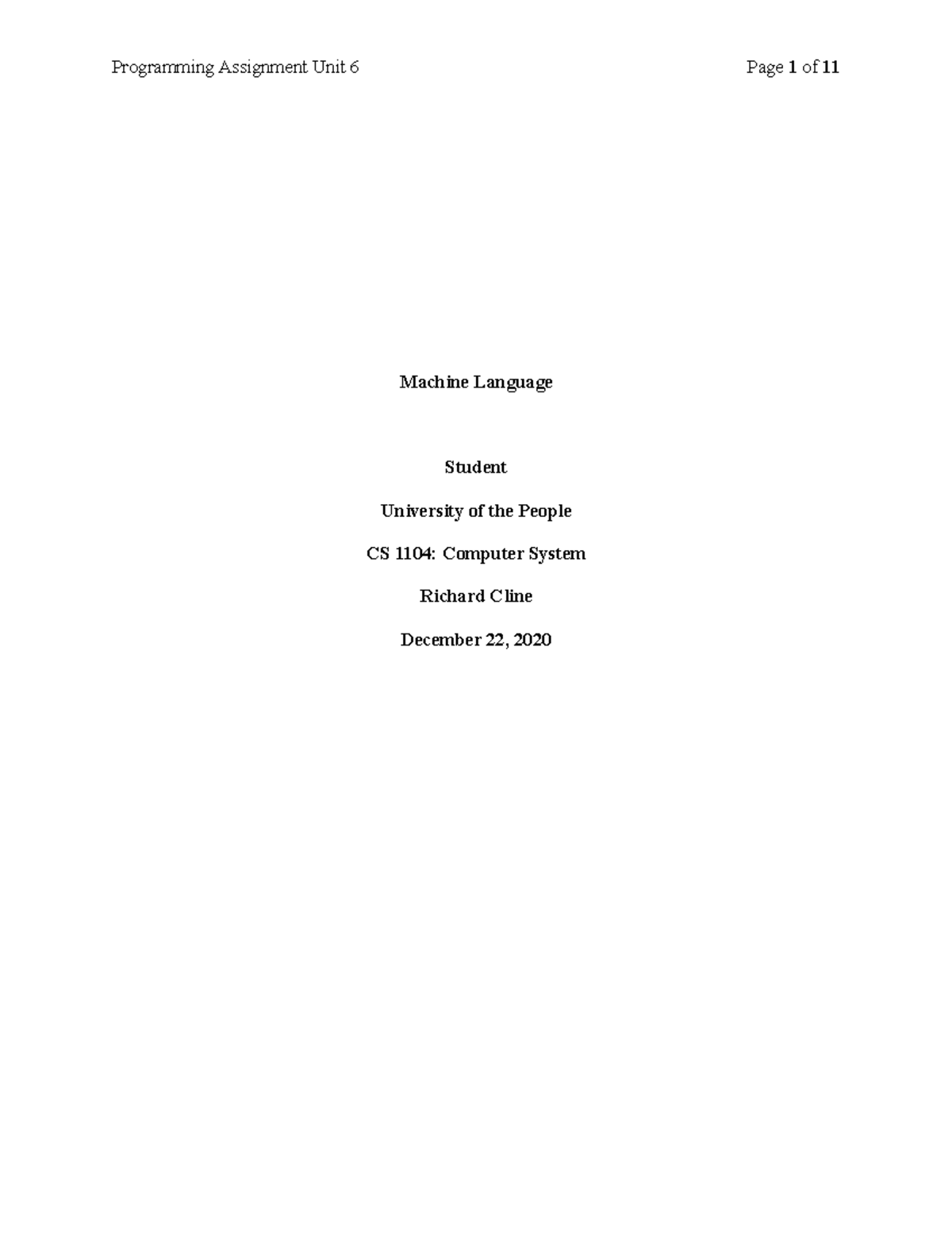 Programming Assignment Unit 6 1 - Machine Language Student University ...