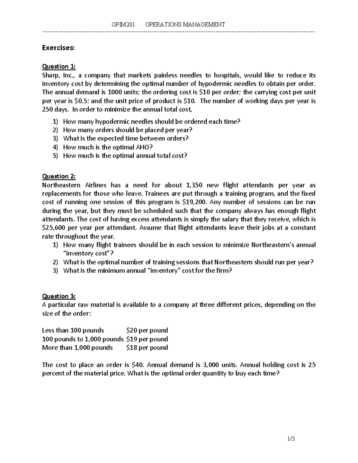 Wk10-Exercises-EOQ - EOQ - OPIM201 OPERATIONS MANAGEMENT 1/ Exercises ...