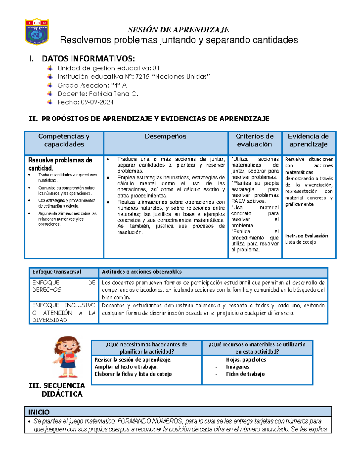 Sesión MATE Problemas Juntar Separar 1 - SESIÓN DE APRENDIZAJE ...