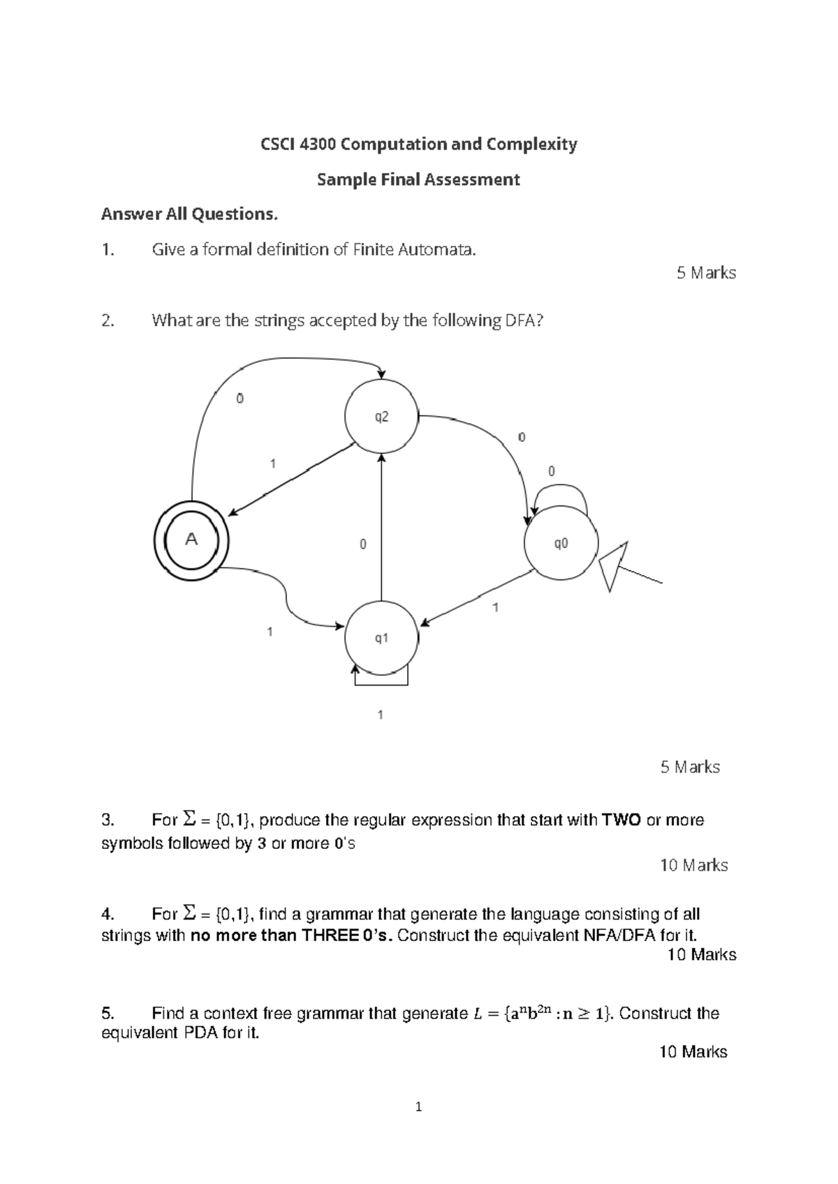 Sample Final Exam Jan 2023 Questions Only Csci 4300 1 Csci 4300 Computation And Complexity