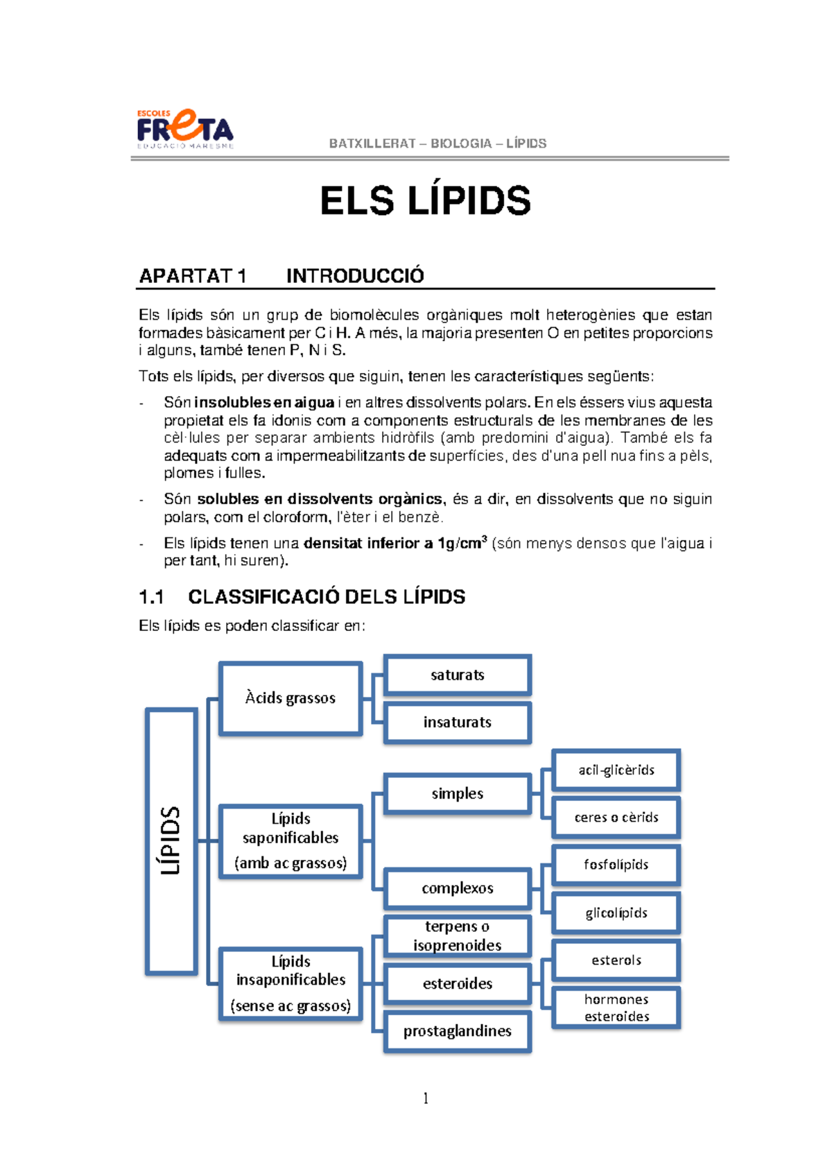 2020-Lípids - gfghfdh - ELS LÍPIDS APARTAT 1 INTRODUCCIÓ Els lípids són un grup de biomolècules ...