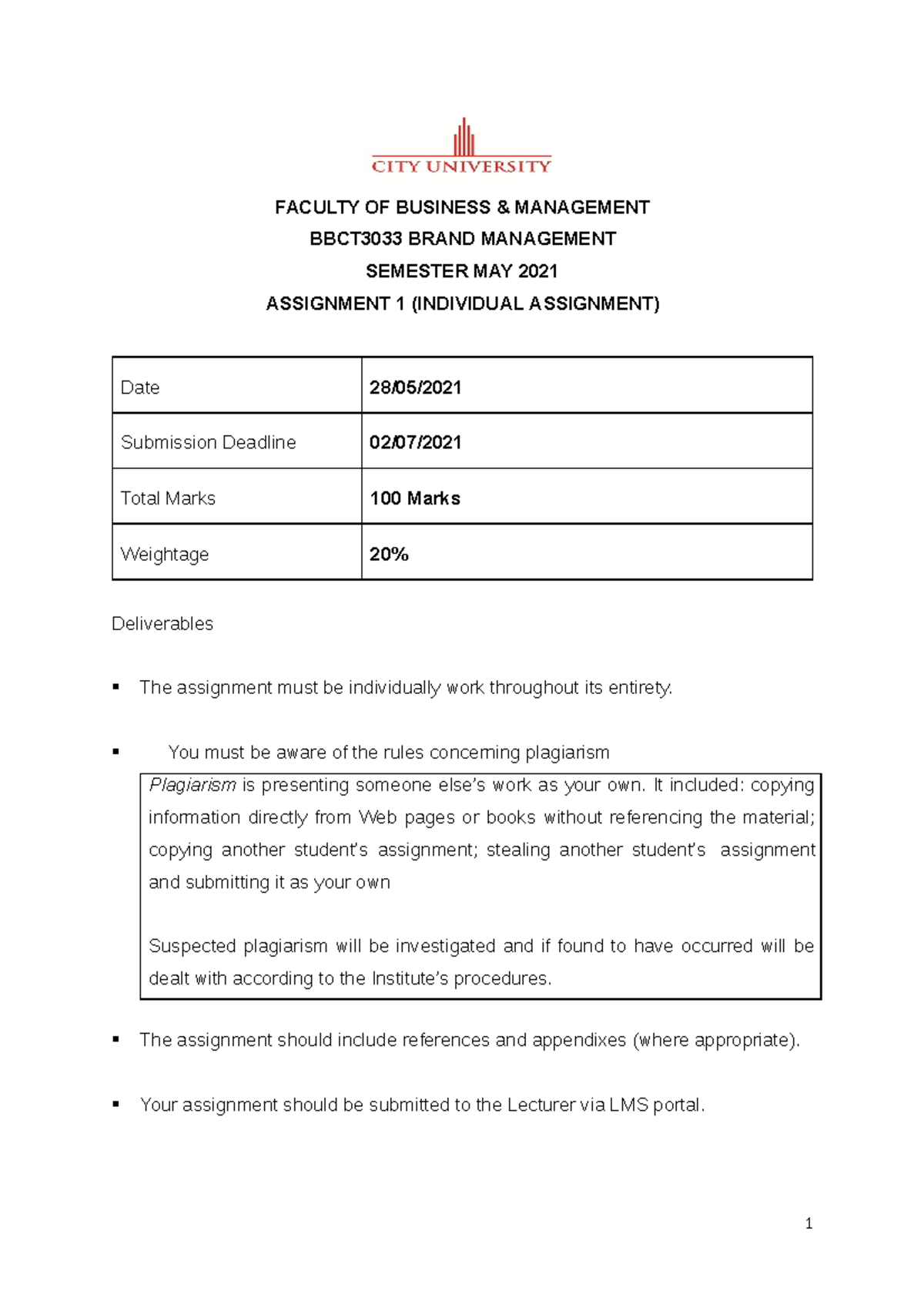 BBCT3033 Assignment 1 202105 - 1 FACULTY OF BUSINESS & MANAGEMENT ...