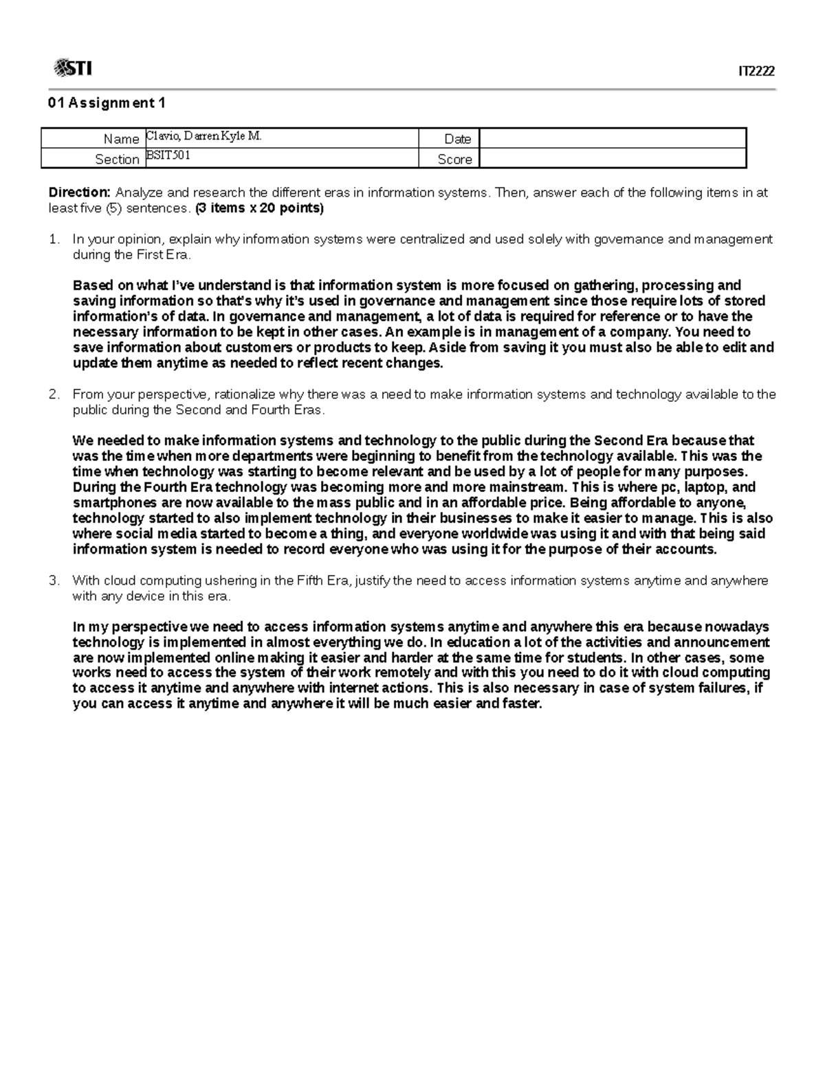 01 Assignment 1 - STI ACTIVITY - 01 Assignment 1 IT Name Clavio, Darren ...