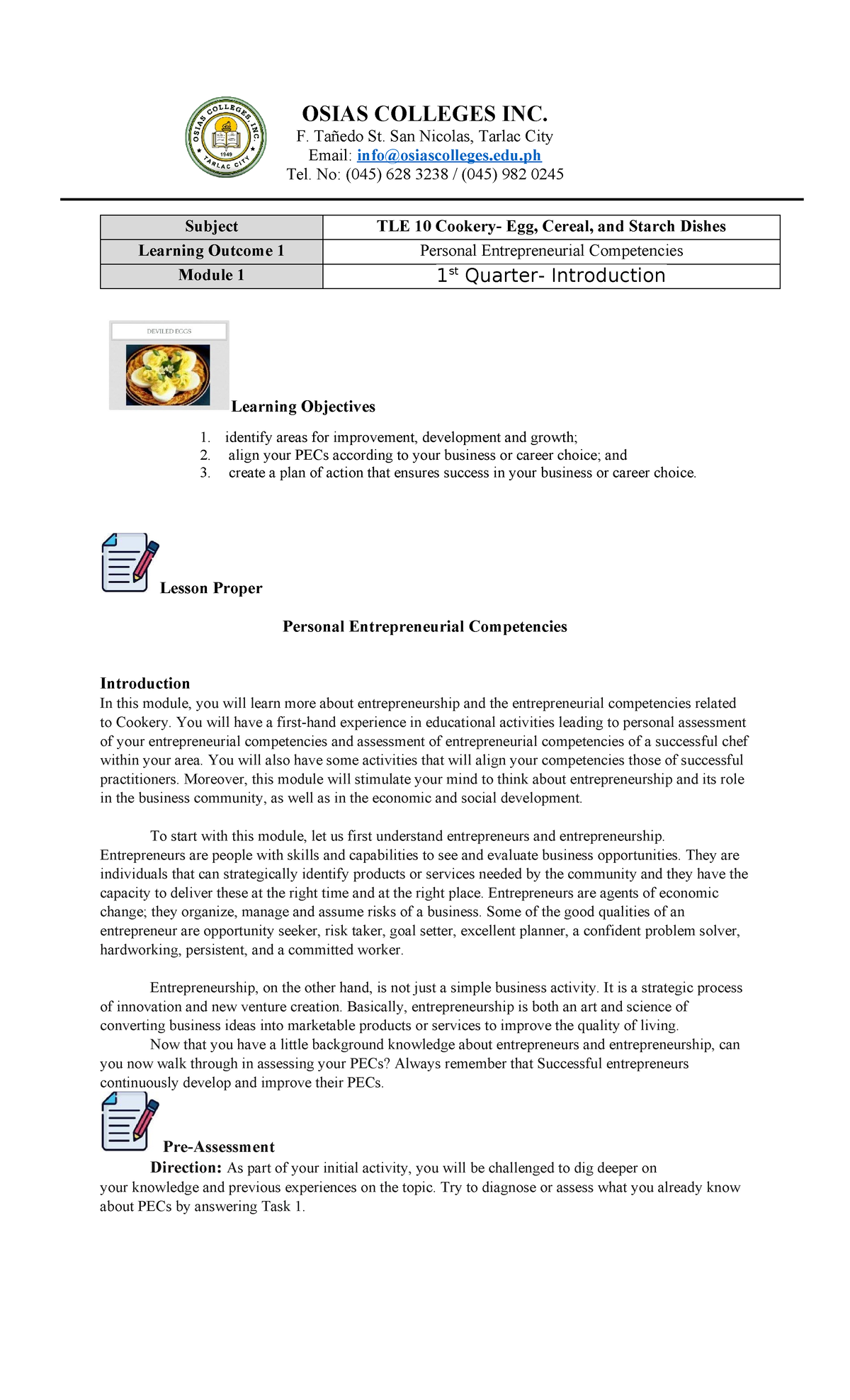 Module 1-in TLE 10 Cookery- 1 - OSIAS COLLEGES INC. F. Tañedo St. San ...