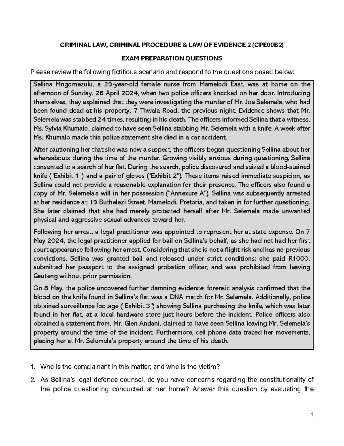 EXAM Preparation Questions - CRIMINAL LAW, CRIMINAL PROCEDURE & LAW OF ...