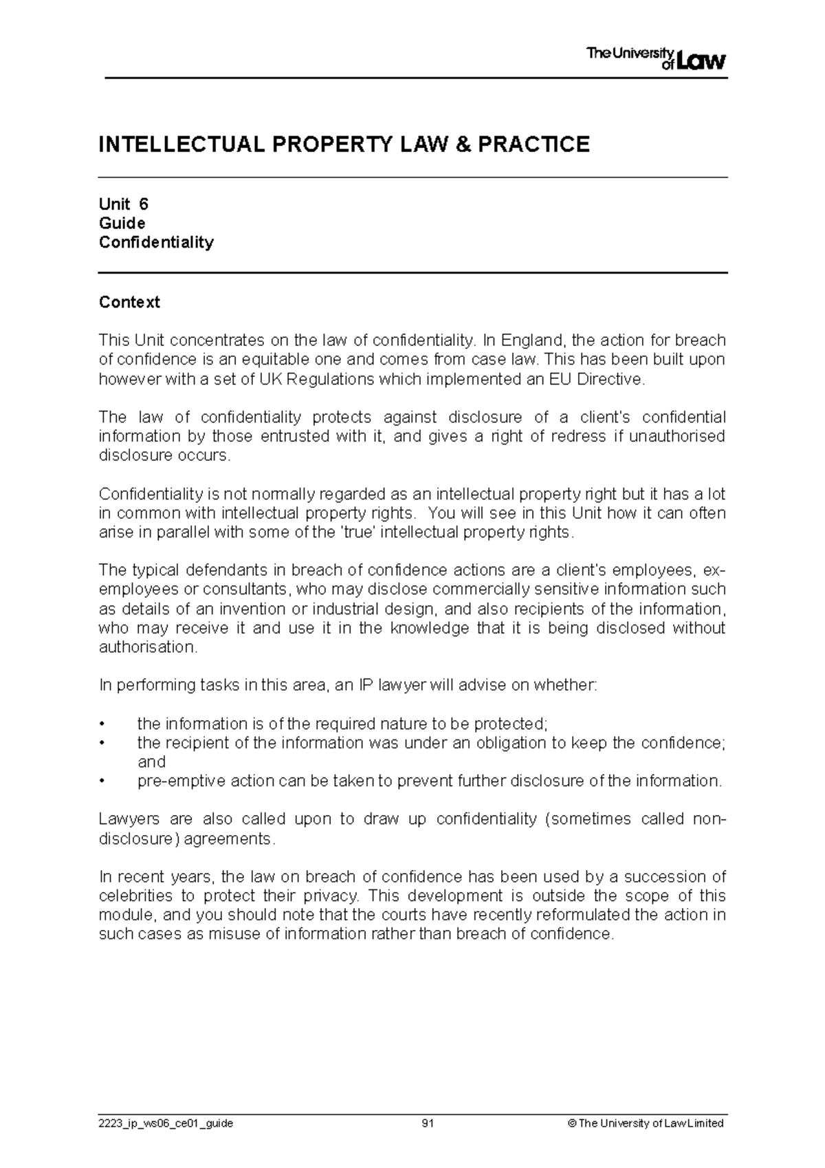6. Confidentiality - Guide (Autosaved) - INTELLECTUAL PROPERTY LAW & PRACTICE Unit 6 Guide - Studocu