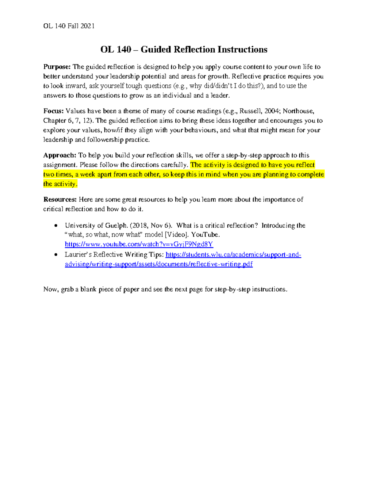 OL 140 F21 Guided Reflection Instructions - OL 140 – Guided Reflection ...