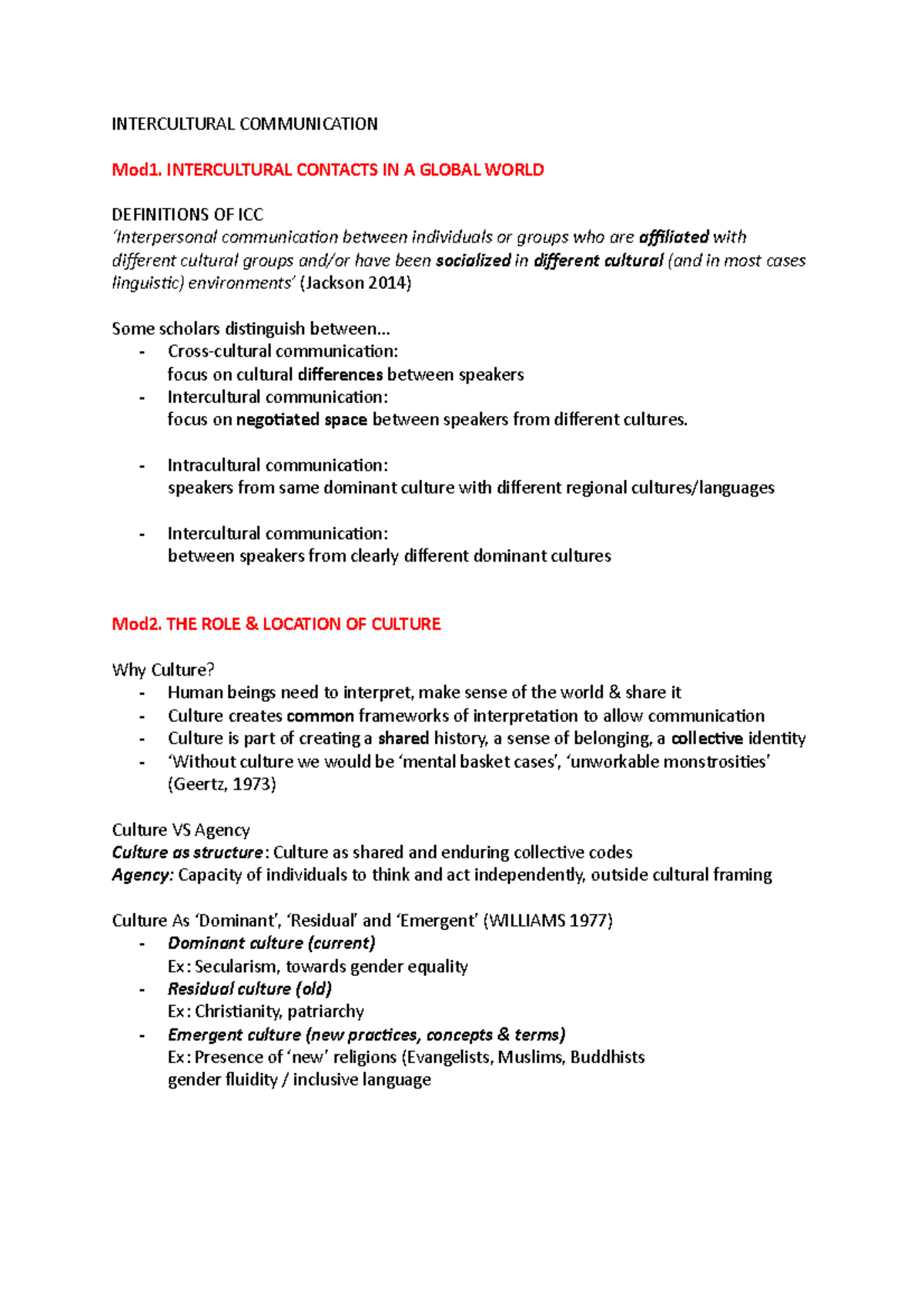 ICC Notes - INTERCULTURAL COMMUNICATION Mod1. INTERCULTURAL CONTACTS IN ...