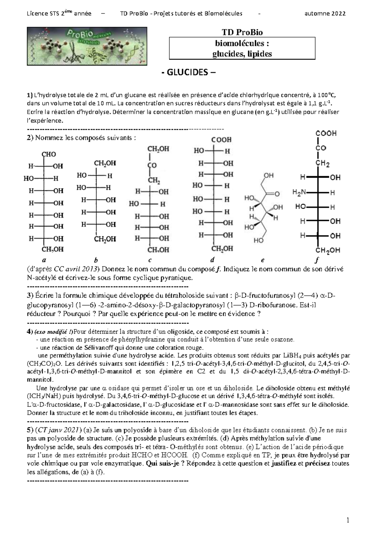 Fasc TD Gluc Lip corrigé - TD ProBio biomolécules : glucides, lipides - GLUCIDES – L’hydrolyse ...