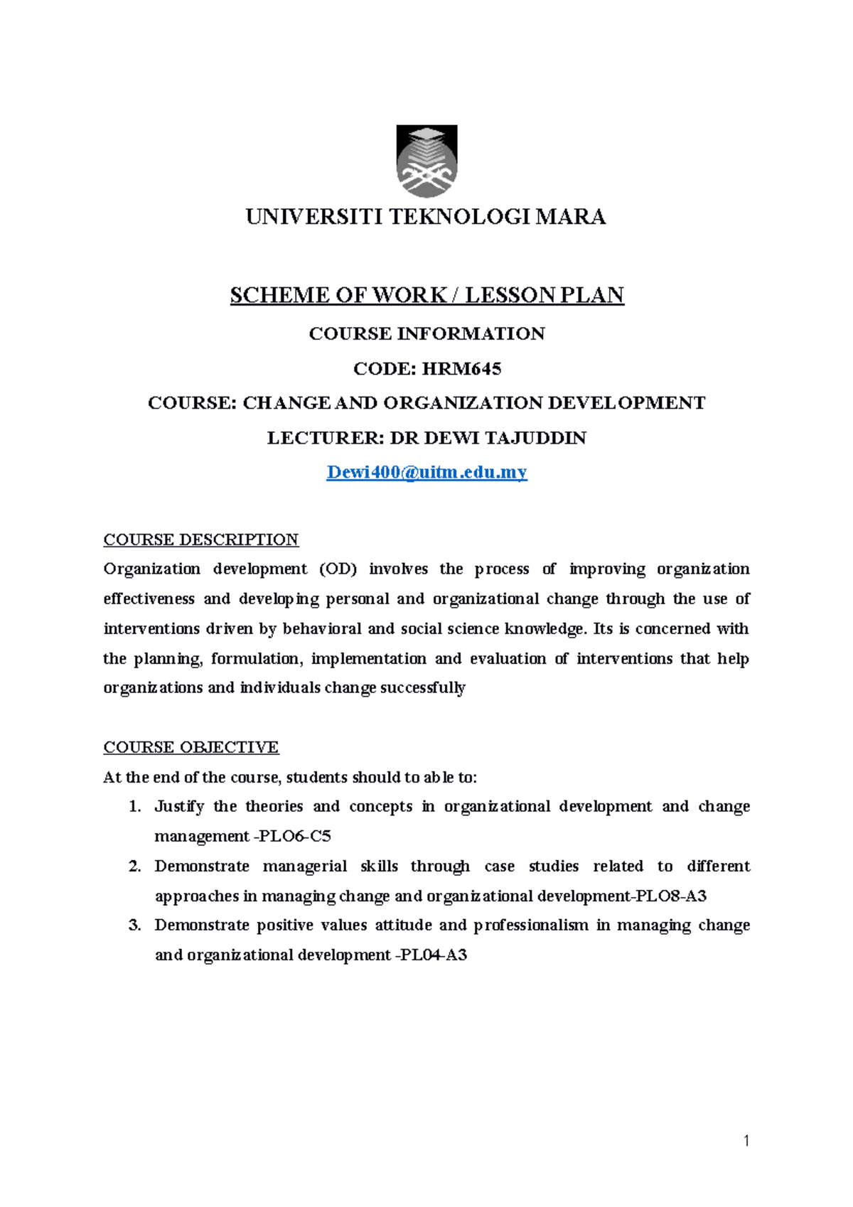 ZHRM645-OCT22-FEB23 Scheme OF WORK - Lesson PLAN - Copy - UNIVERSITI ...
