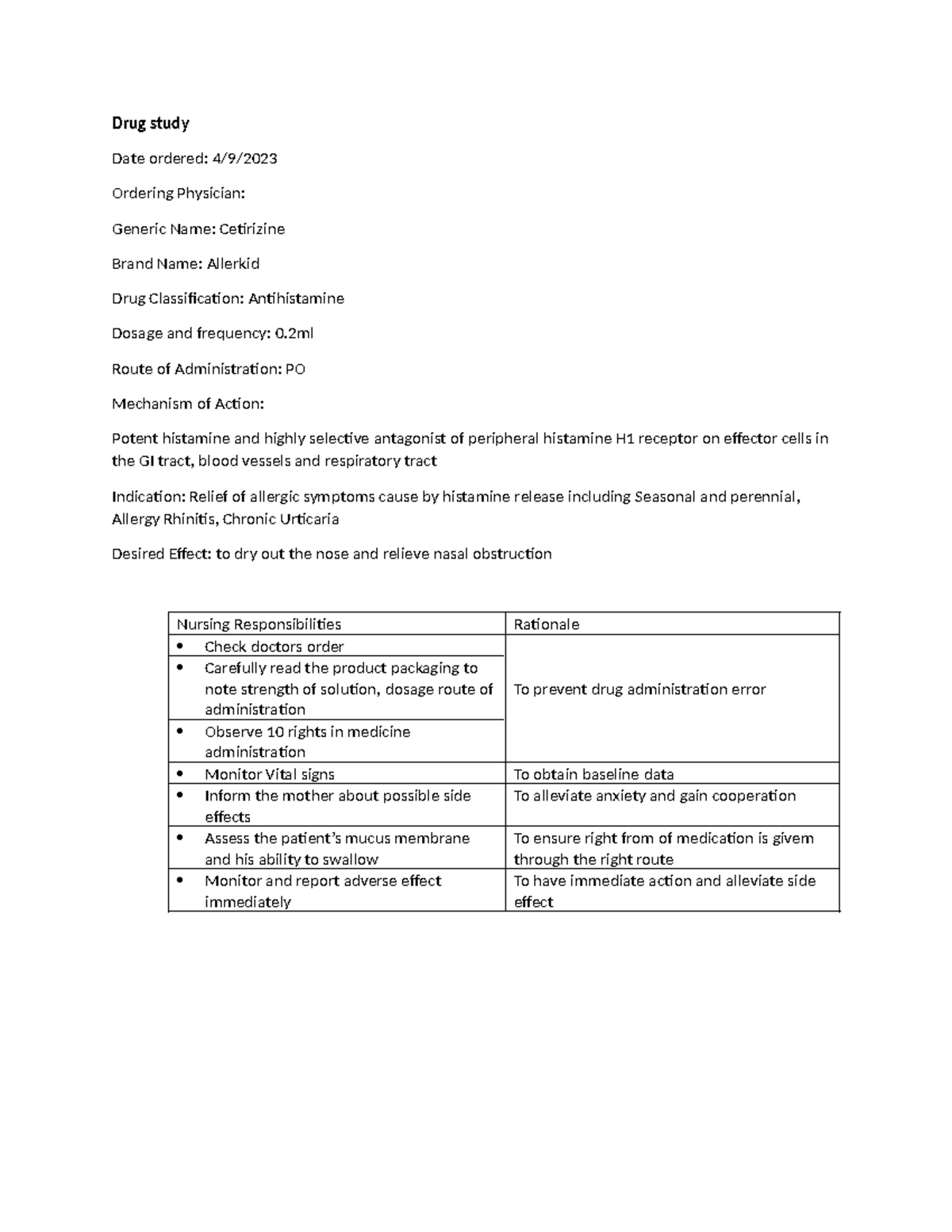 Cetirizine - Drug study Date ordered: 4/9/ Ordering Physician: Generic ...