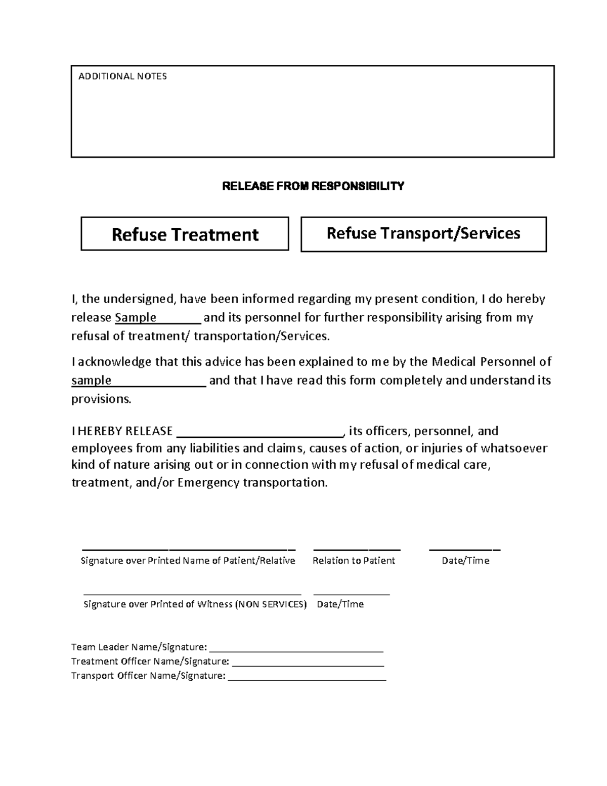 Patient Release FROM Responsibility( PRC FORM) Generic - Refuse ...