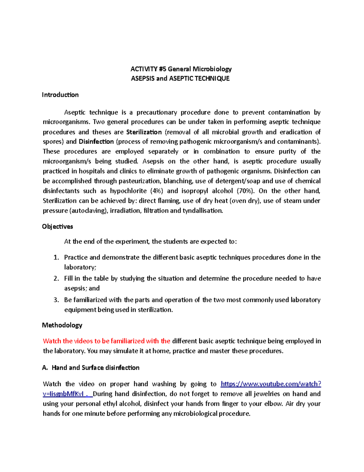 Activity 5 General Microbiology - ACTIVITY #5 General Microbiology ASEPSIS and ASEPTIC TECHNIQUE ...