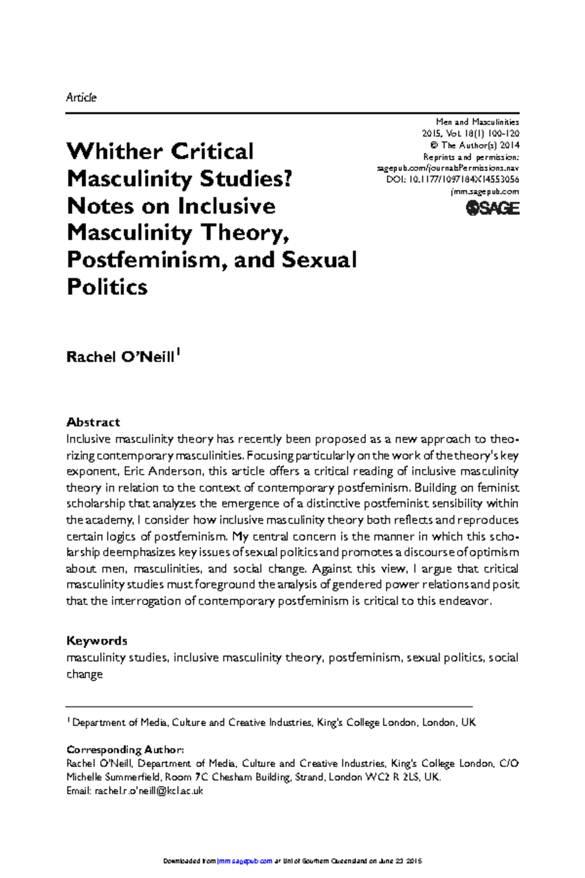 10 - coursework - Article Whither Critical Masculinity Studies? Notes ...