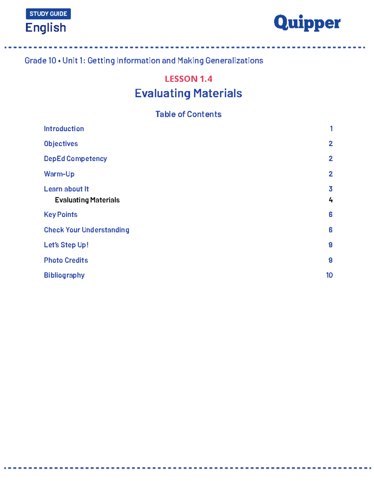ME Eng 10 Q1 0104 SG Evaluating Materials - Grade 10 • Unit 1: Getting ...