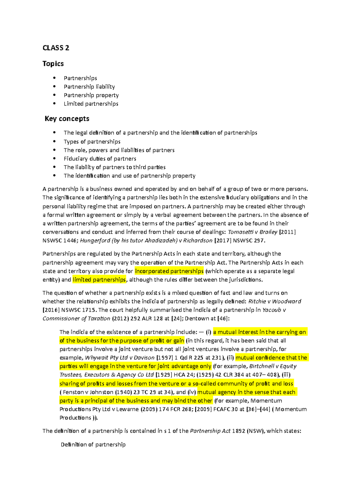 Company Law Class 2 note - CLASS 2 Topics Partnerships Partnership ...