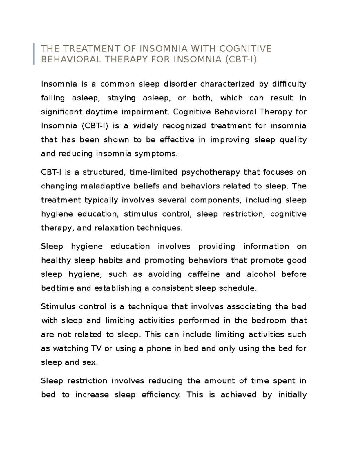 THE Treatment OF Insomnia WITH Cognitive Behavioral Therapy FOR ...
