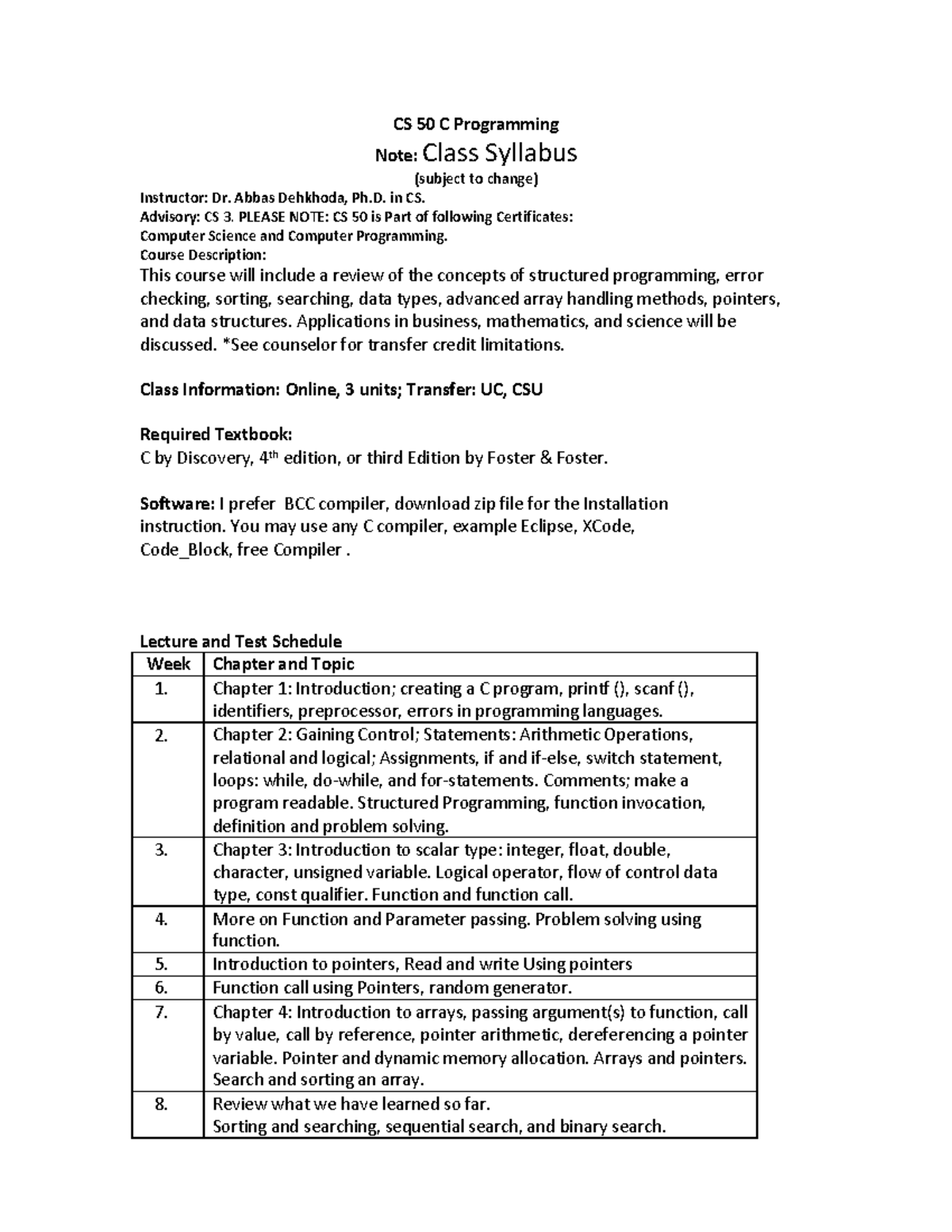 CS 50 Syliby Spring 2022 12 weeks - CS 50 C Programming Note: Class Syllabus (subject to change ...