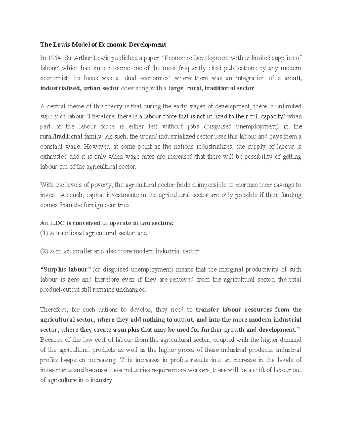 The Lewis Model of Economic Development - A central theme of this ...
