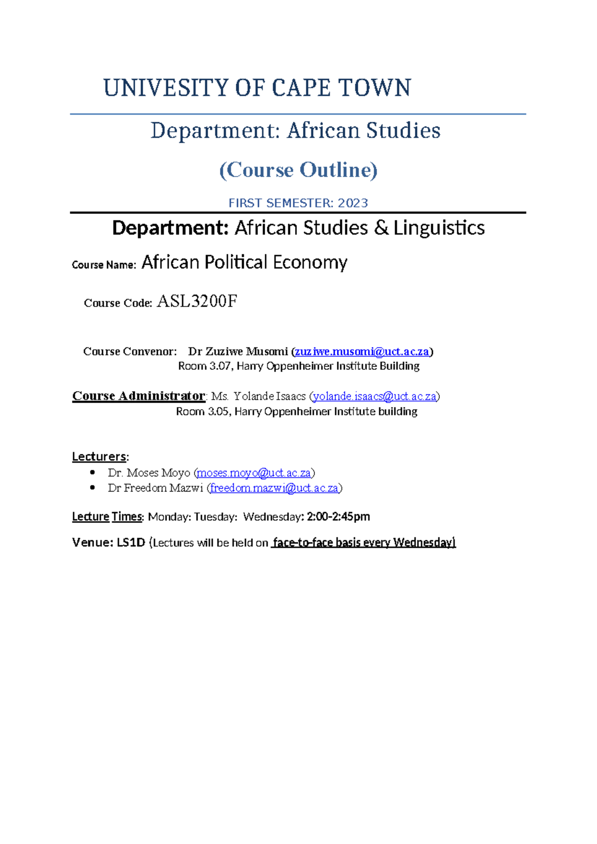 African Poltical Economy Course Outline 2023 - UNIVESITY OF CAPE TOWN ...