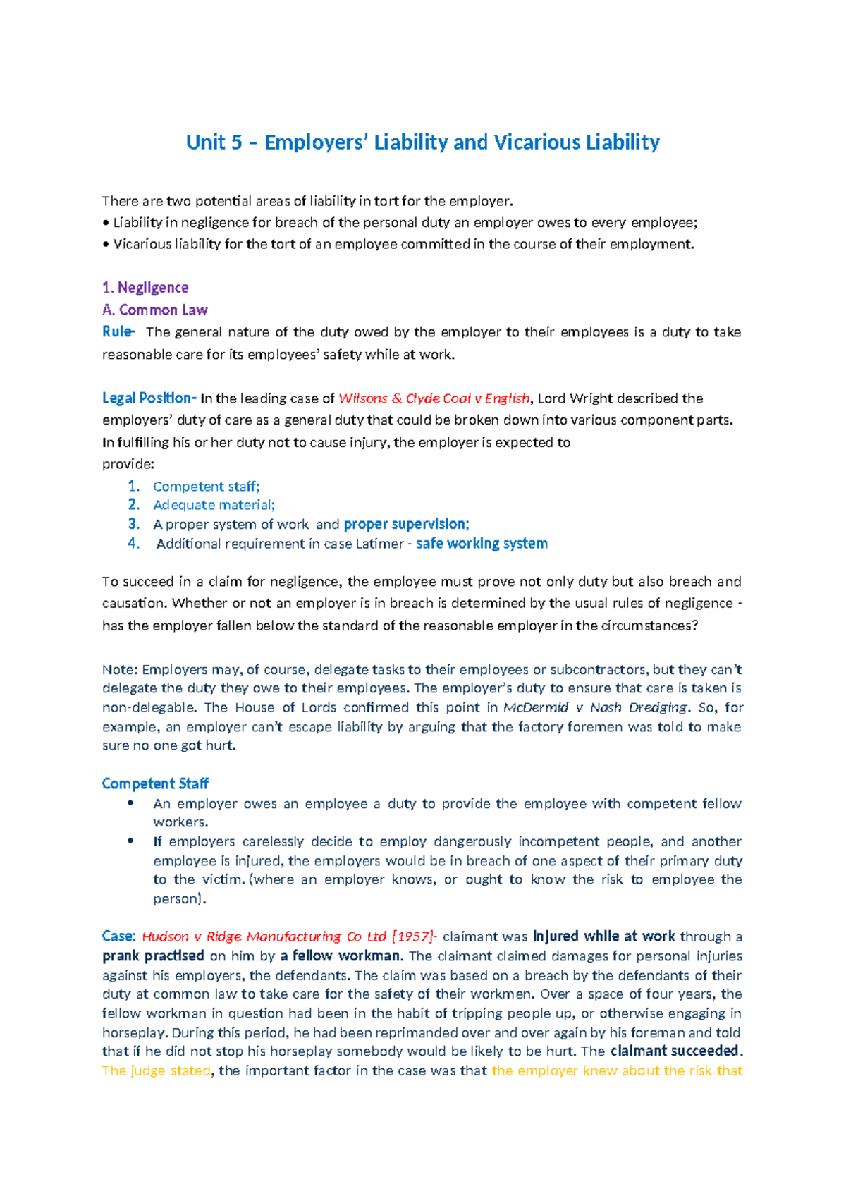 Note tort 5 - Summary Tort Law - Unit 5 – Employers’ Liability and ...