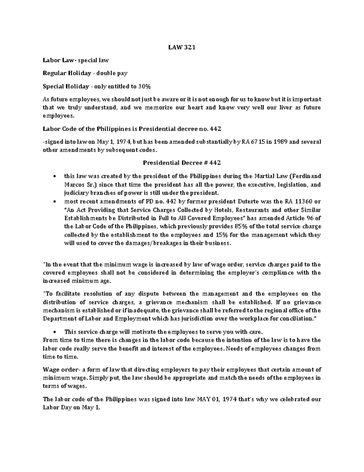 LAW DAY 2 1 - Answer key - LAW 321 Labor Law- special law Regular Holiday - double pay Special ...