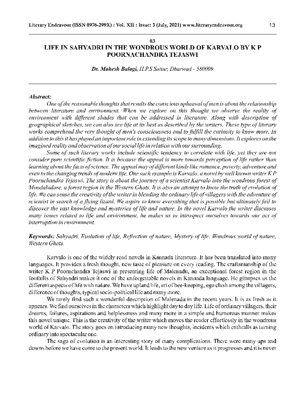 2021-07 03. LIFE IN Sahyadri IN THE Wondrous World OF Karvalo BY K P ...