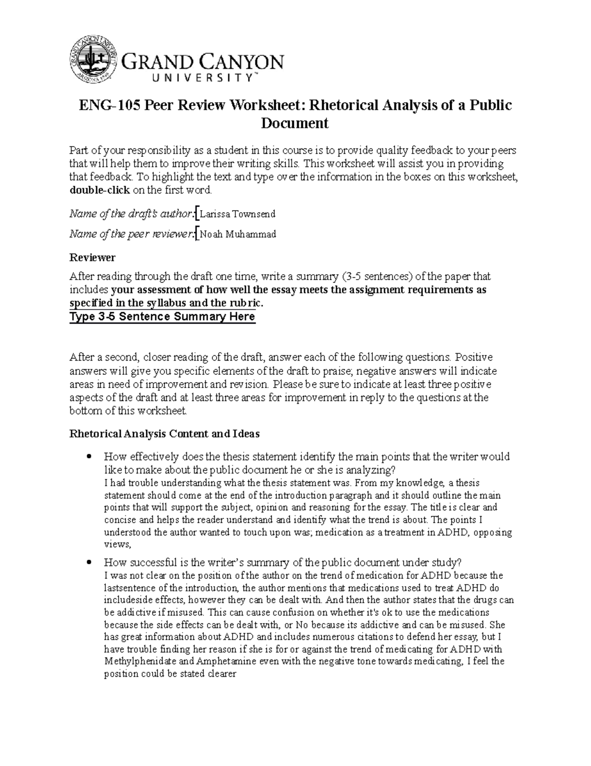 ENG105 Rhetorical Analysis Peer Review Worksheet ONL - ENG-105 Peer ...